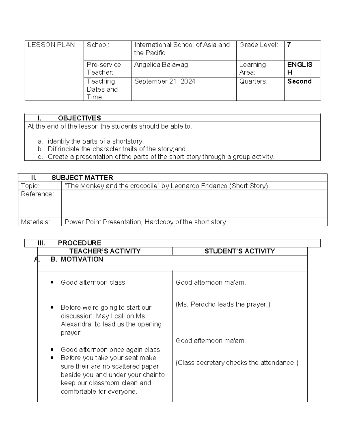 G7 ENGLISH Detailed Lesson Plan: Understanding Short Stories - Studocu