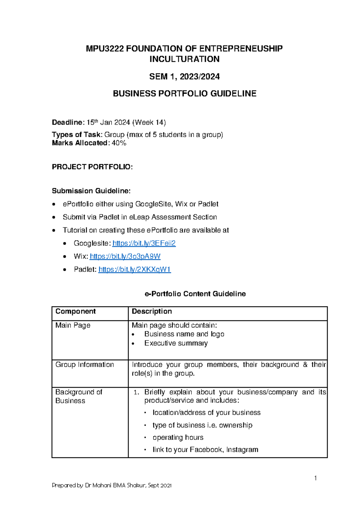 BMA Entrepreneurship Inculturation Sem 1: Project Portfolio Guidelines ...