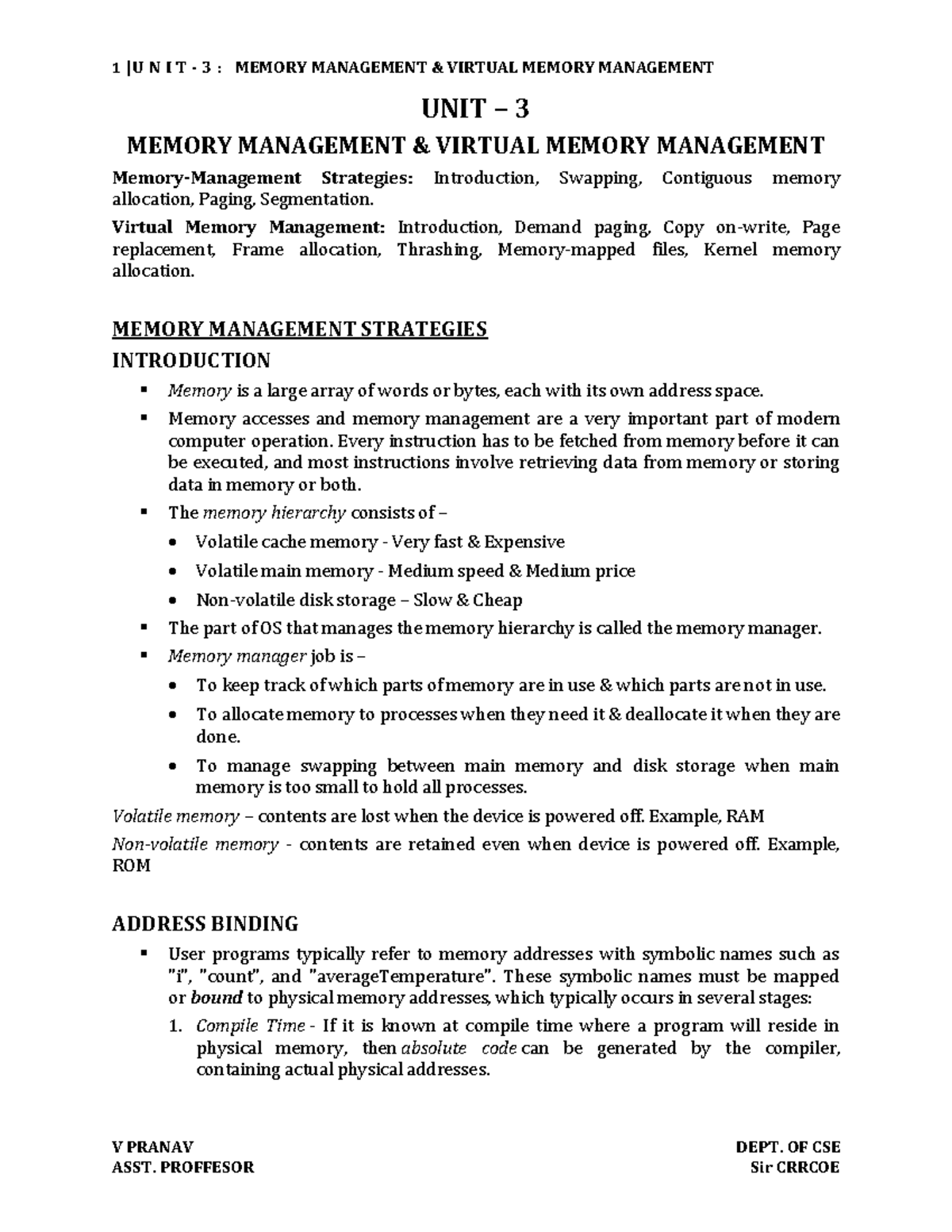 NIT 3: Memory Management & Virtual Memory Strategies in OS - Studocu