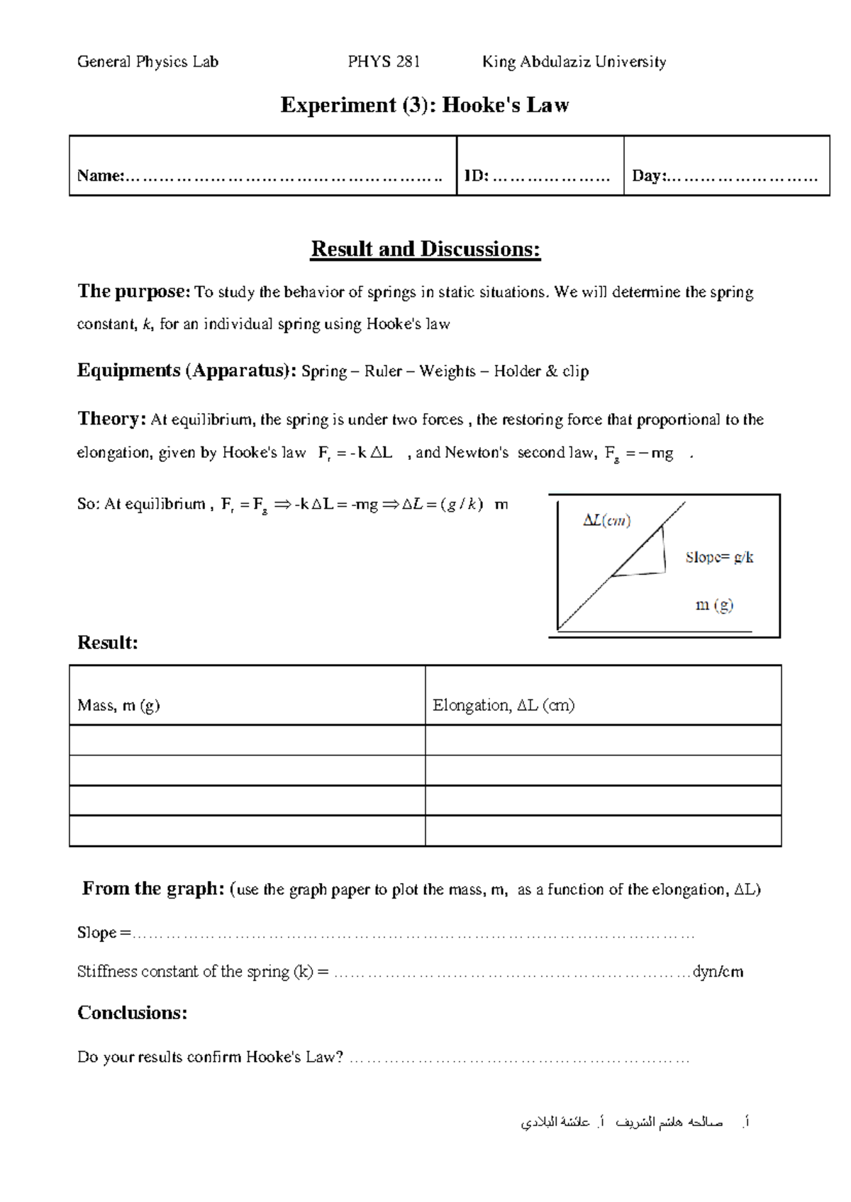 Experiment (3): Hooke's Law Analysis in PHYS 281 Lab - Studocu