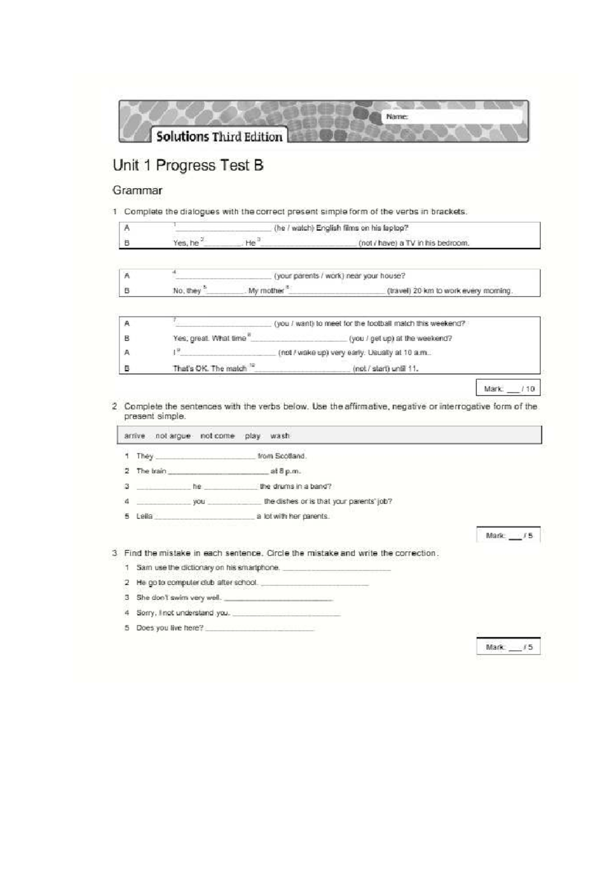 Third Elementary Solutions Unit 1 Progress Test B: Grammar & Vocabulary ...