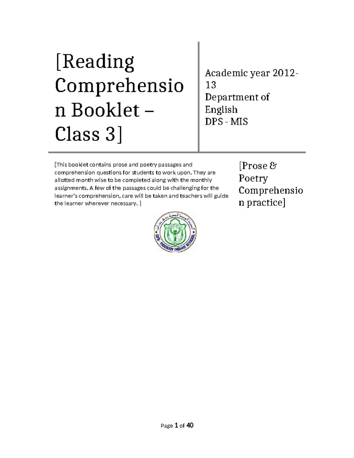 Class 3 Reading Comprehension Booklet: Prose & Poetry Exercises - Studocu