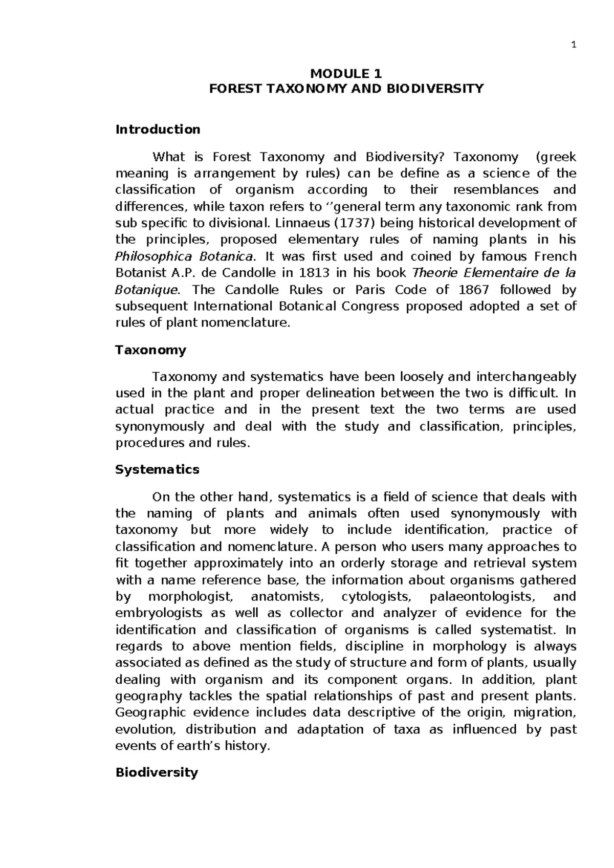 Module 1: Forest Taxonomy & Biodiversity Overview - Studocu