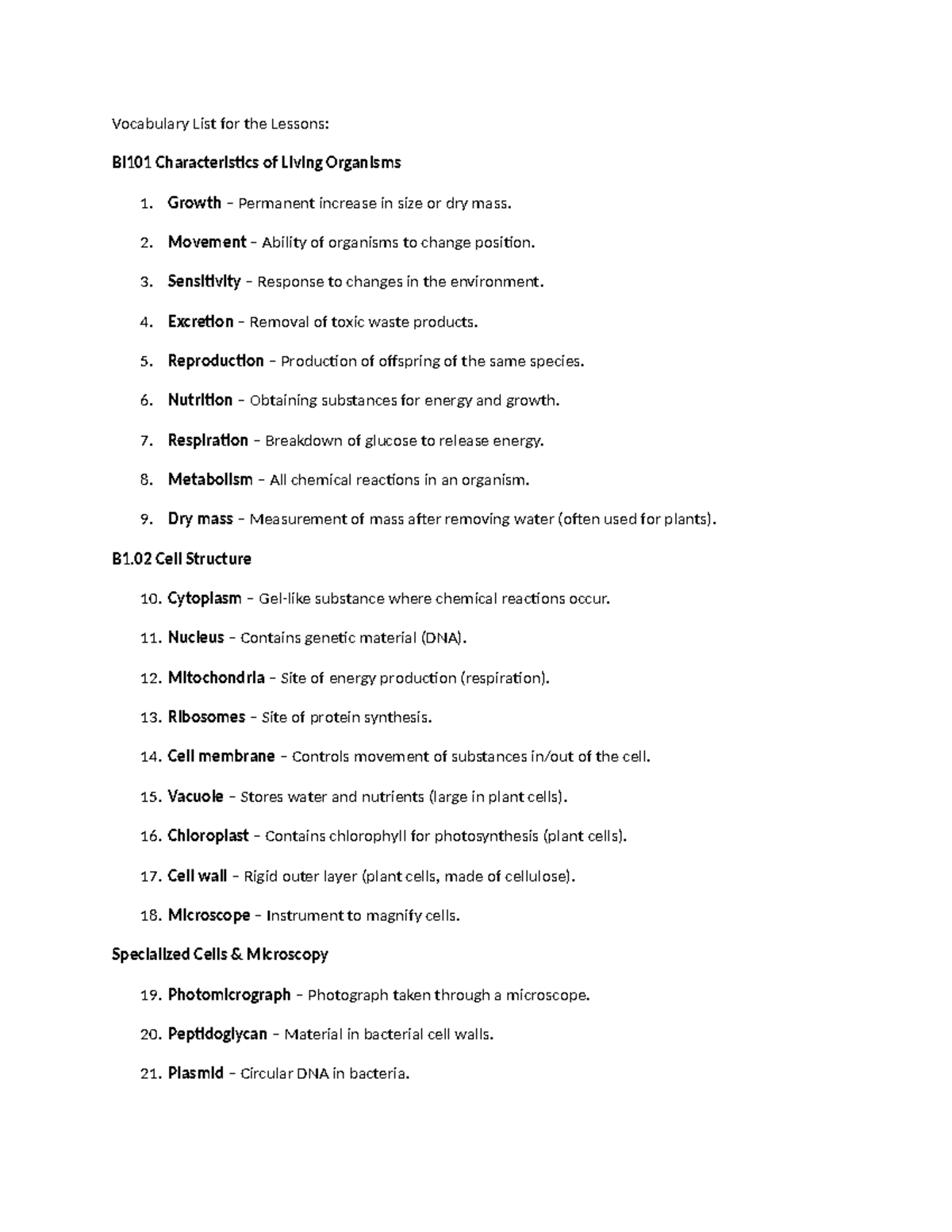 BI101 Vocabulary List: Characteristics of Living Organisms and Cell ...