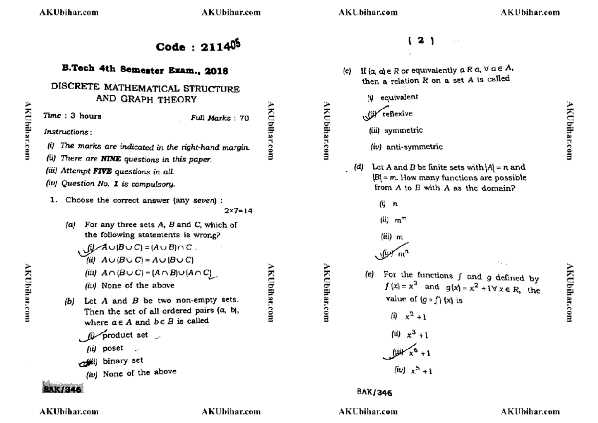 B.Tech 4th Sem Discrete Math & Graph Theory Exam 211405, 2018 - Studocu