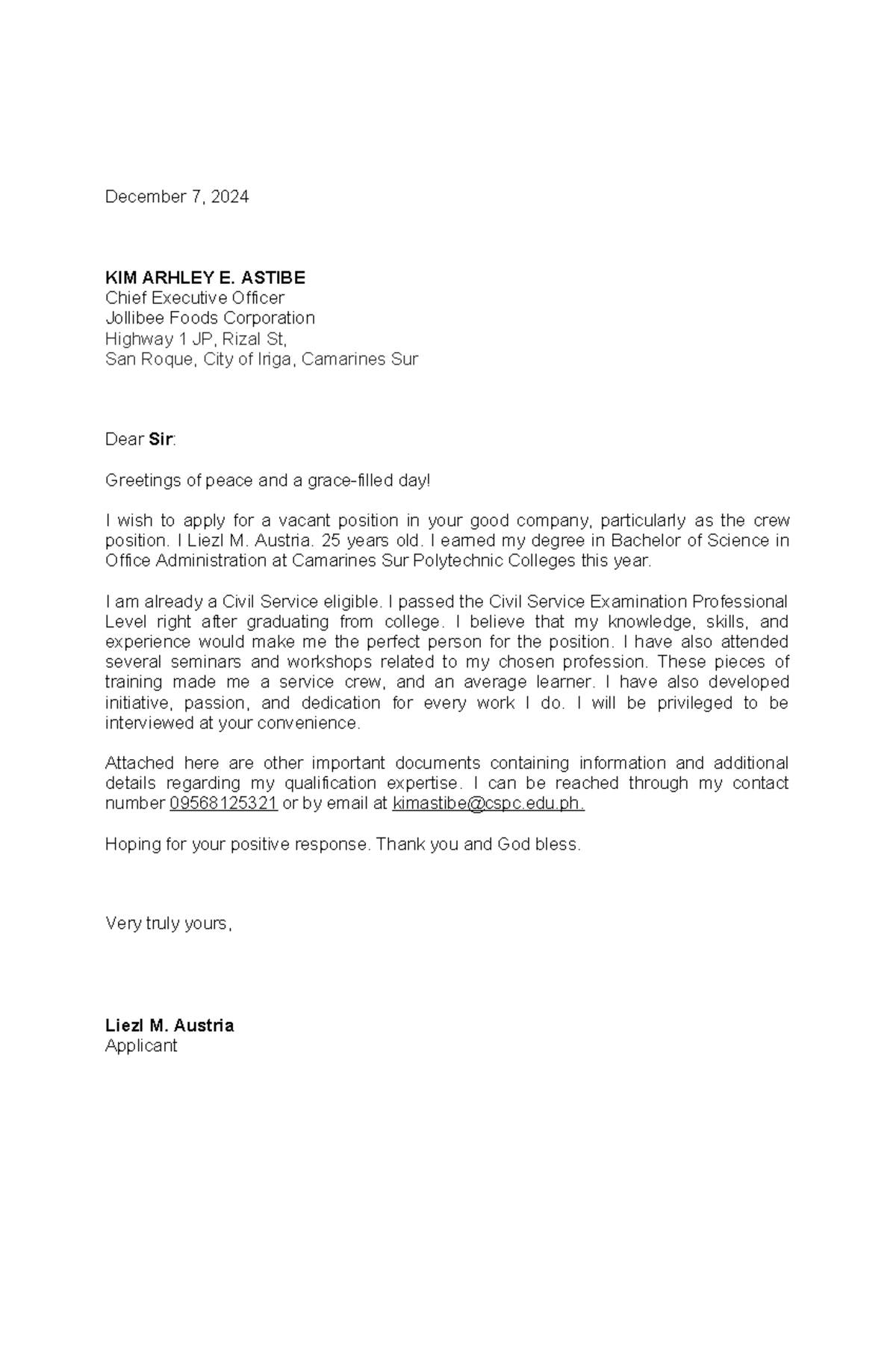 BSOA Mock Interview Application Letter Sample by Liezl M. Austria - Studocu