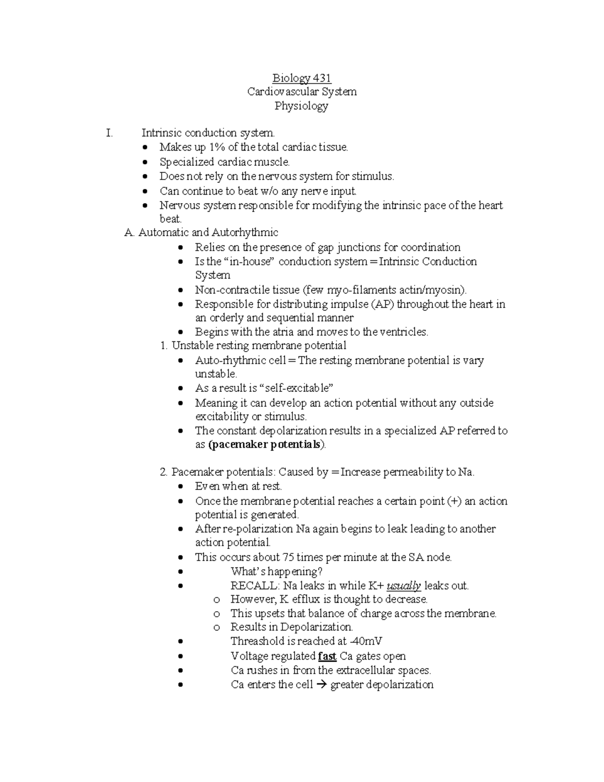 Biology 431 Cardiovascular System Physiology I: Intrinsic Conduction ...