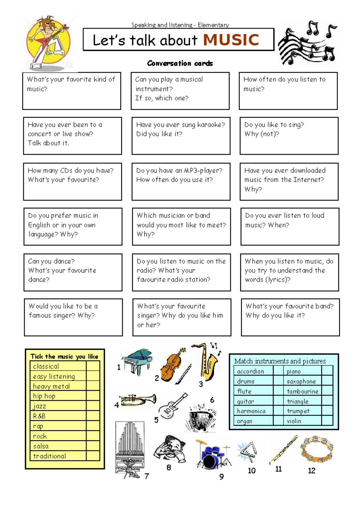 2576 Let's Talk About Music: Conversation Cards for ESL Learners - Studocu