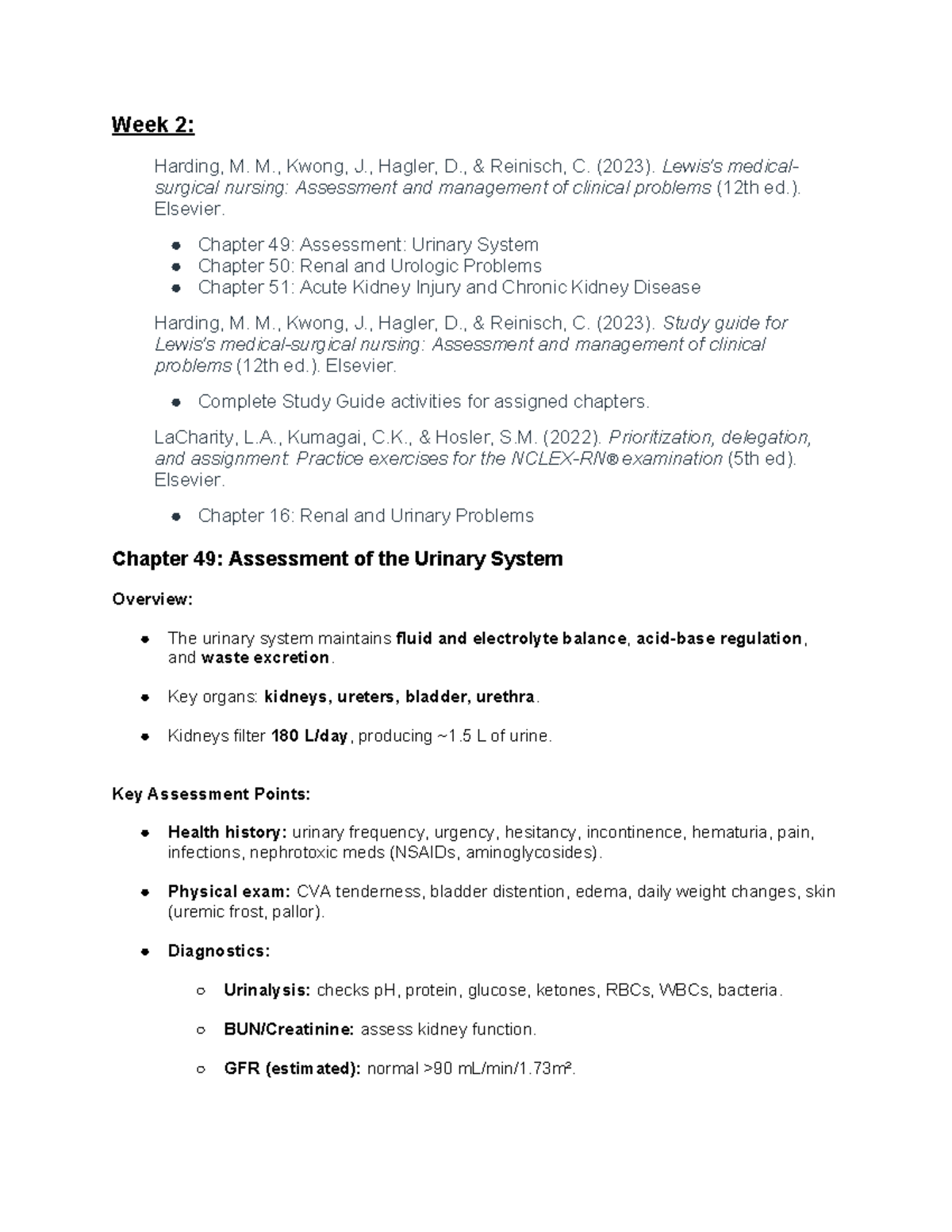 NR325 Study Guide: Week 2 - Urinary & Renal System Insights - Studocu