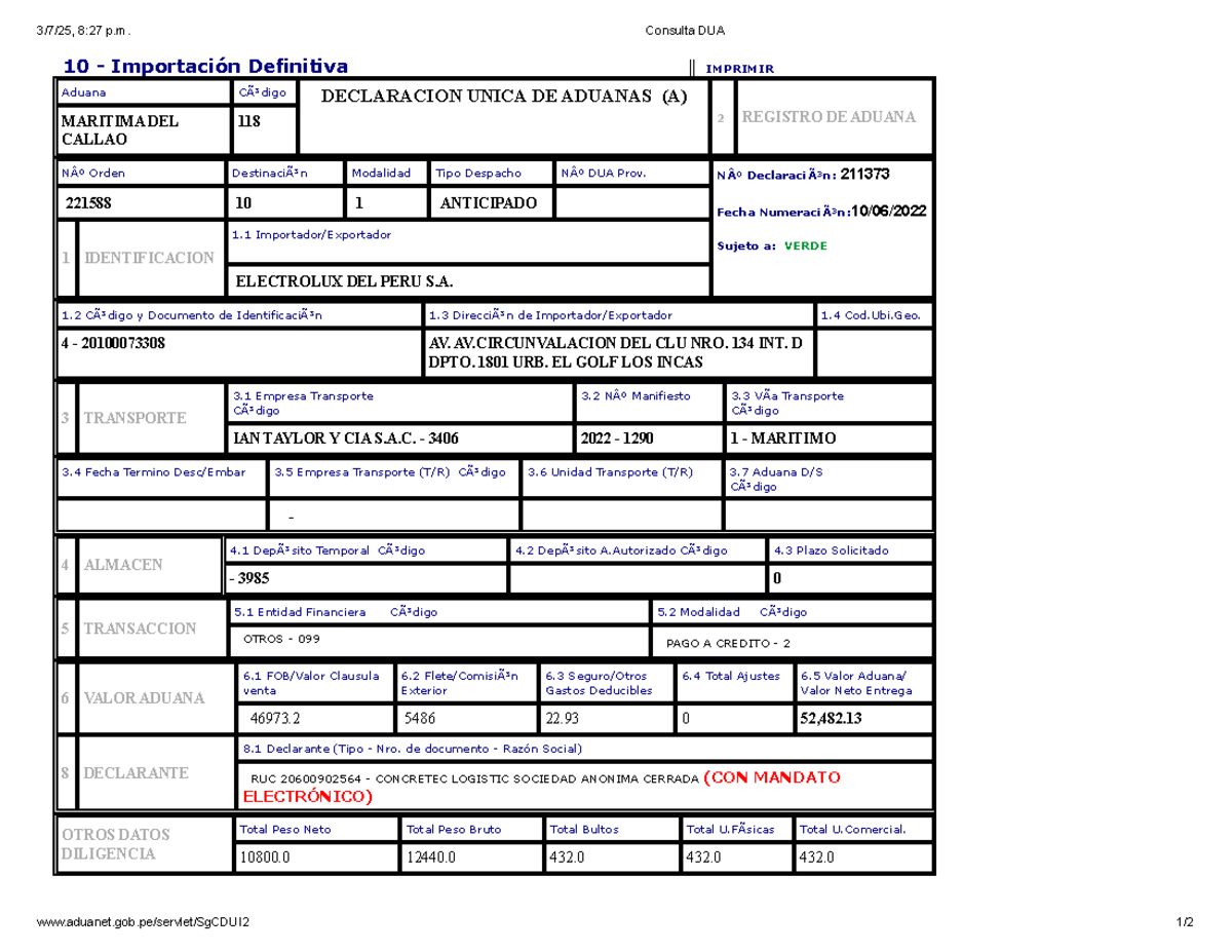 Consulta DUA - Importación Definitiva 10/06/2022 - Studocu