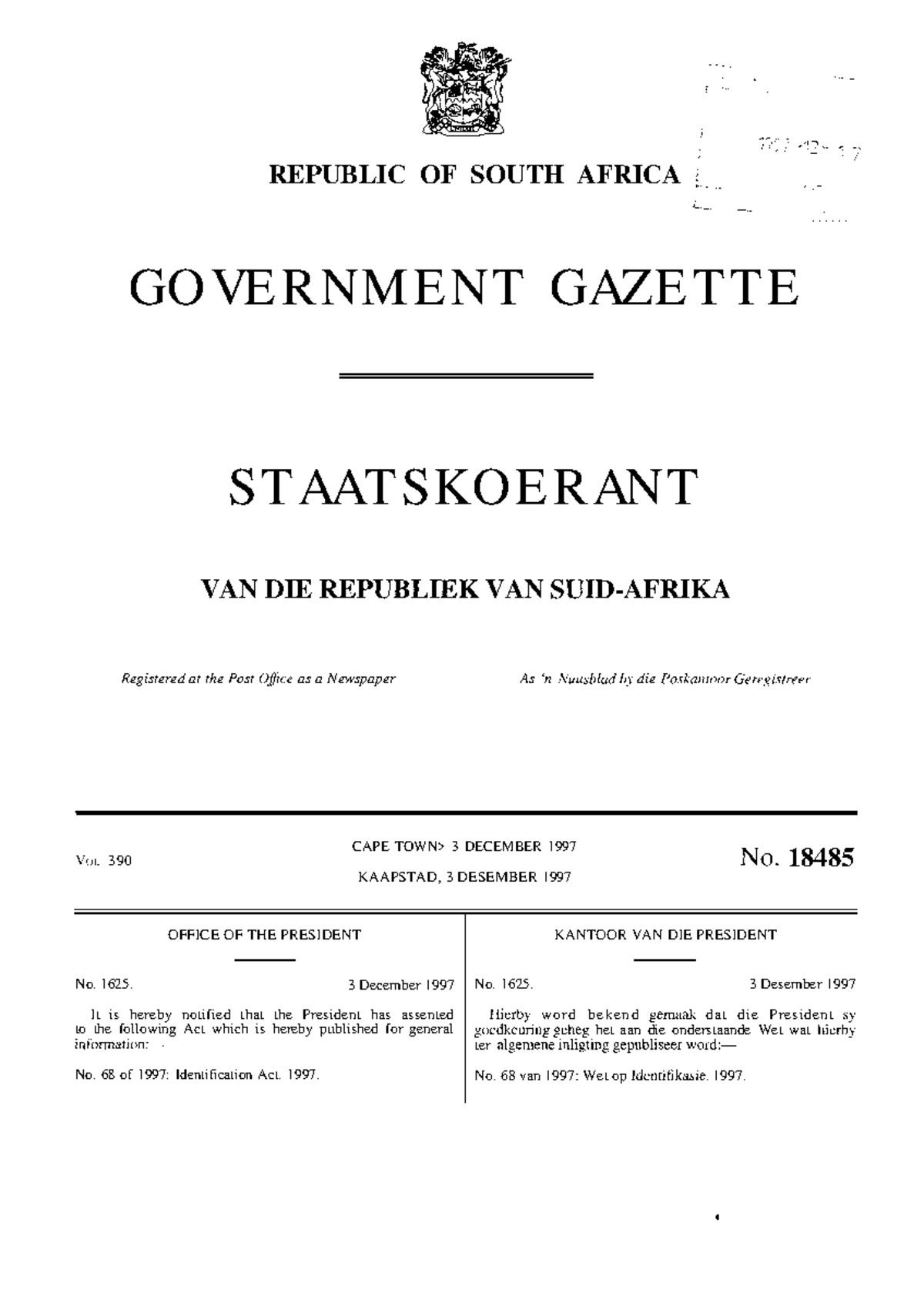 Identification Act 68 of 1997: Full Text and Provisions - Studocu