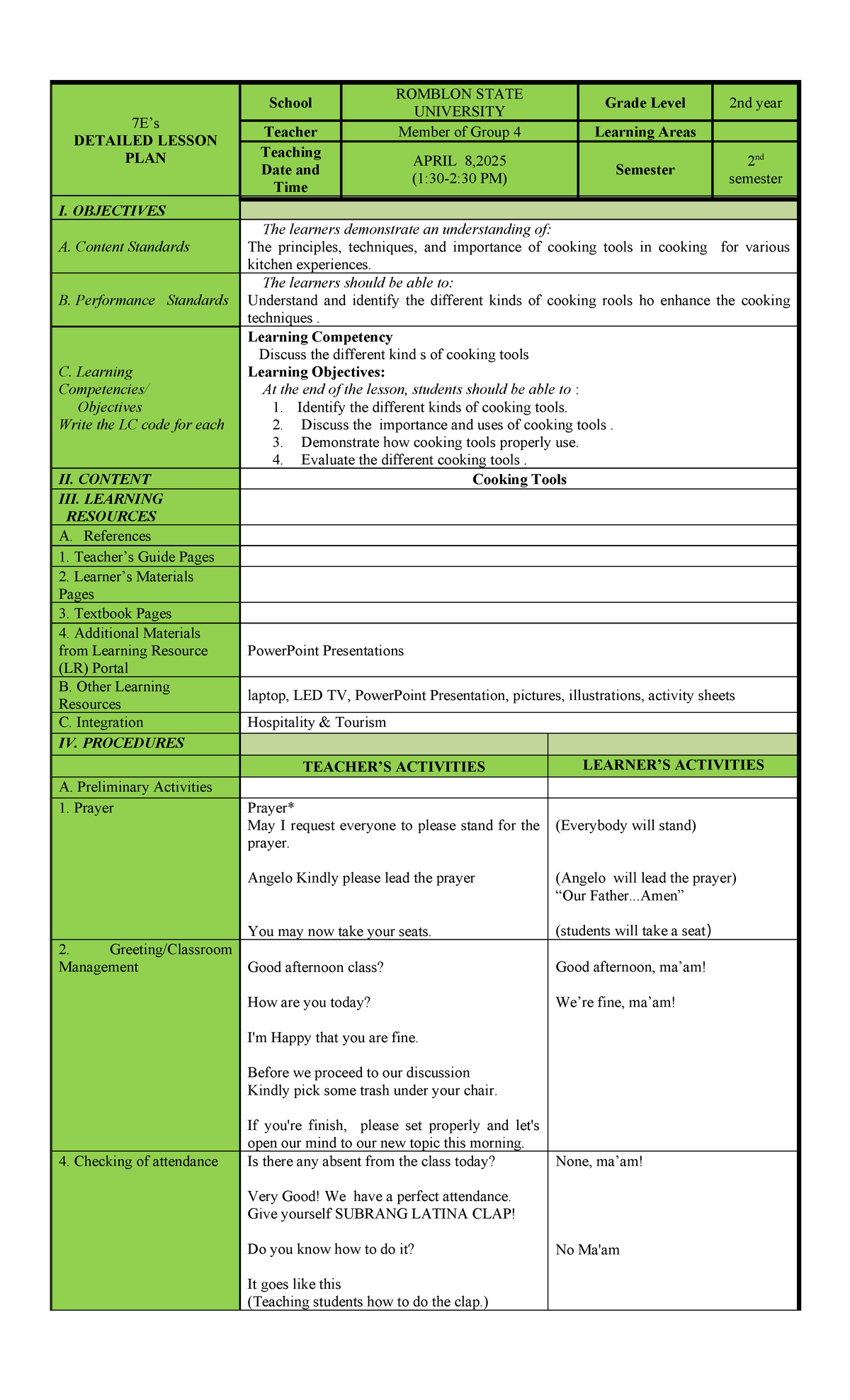 Final Lesson Plan on Cooking Tools - Group 4 (2nd Sem) - Studocu
