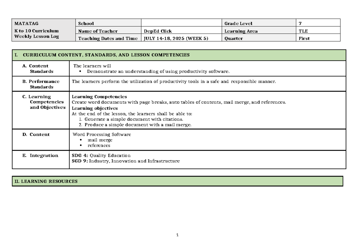TLE 7 DLL Q1 W5 - Mail Merge & Citations Lesson Plan - Studocu