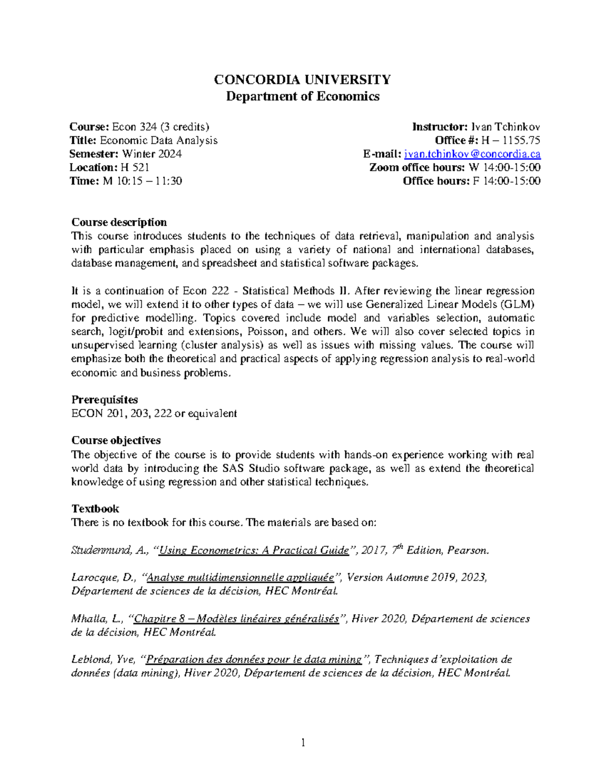 ECON 324 Winter 2024: Economic Data Analysis Course Outline - Studocu