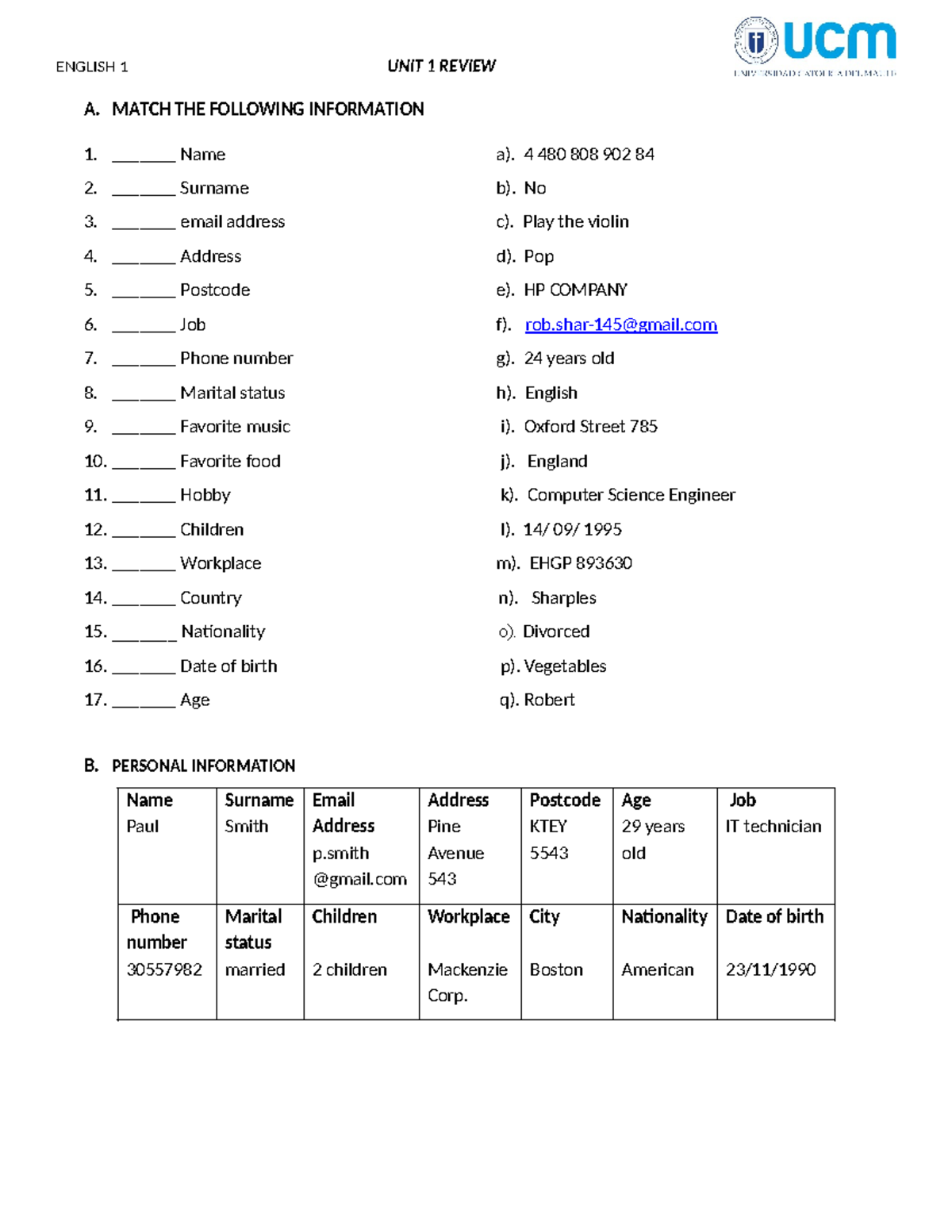 ENGLISH 1 UNIT 1 REVIEW: PERSONAL INFO & QUESTIONS - Studocu