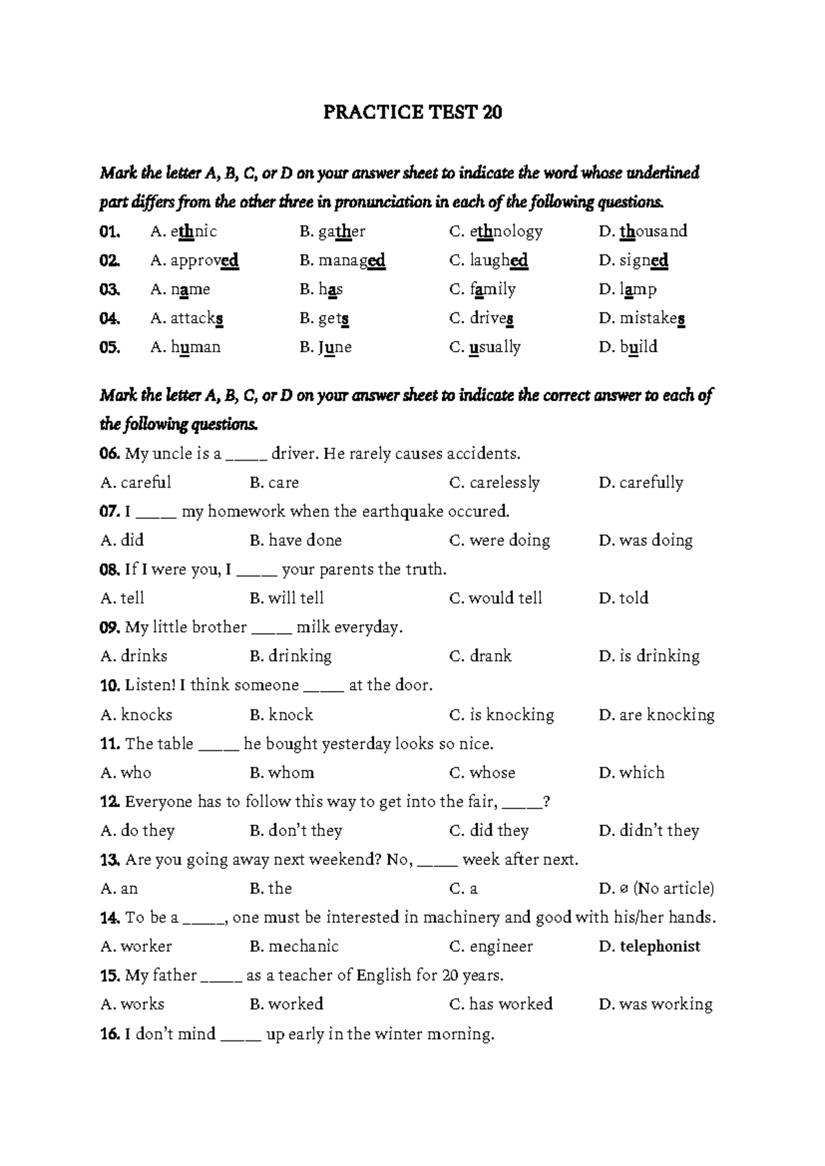 [TS] Practice Test 20: Pronunciation & Grammar Questions - Studocu