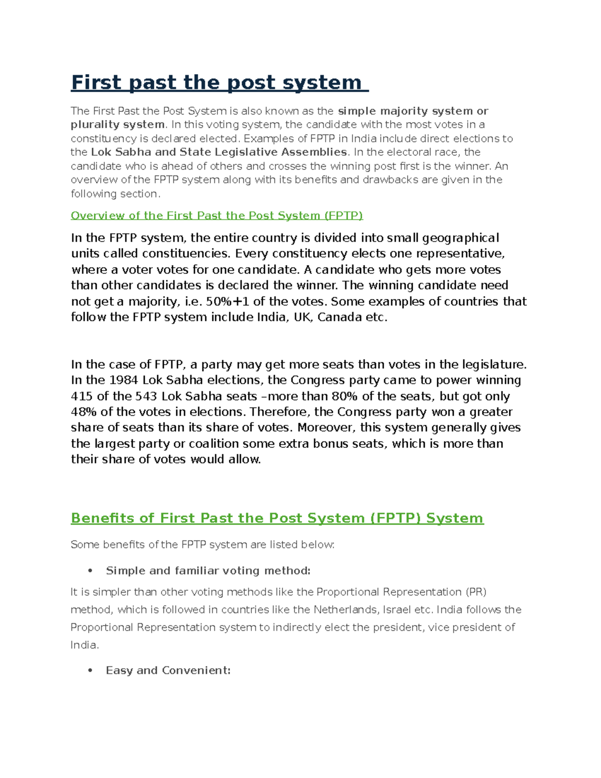 Electoral Systems Overview: FPTP vs. Proportional Representation (Sem 4 ...