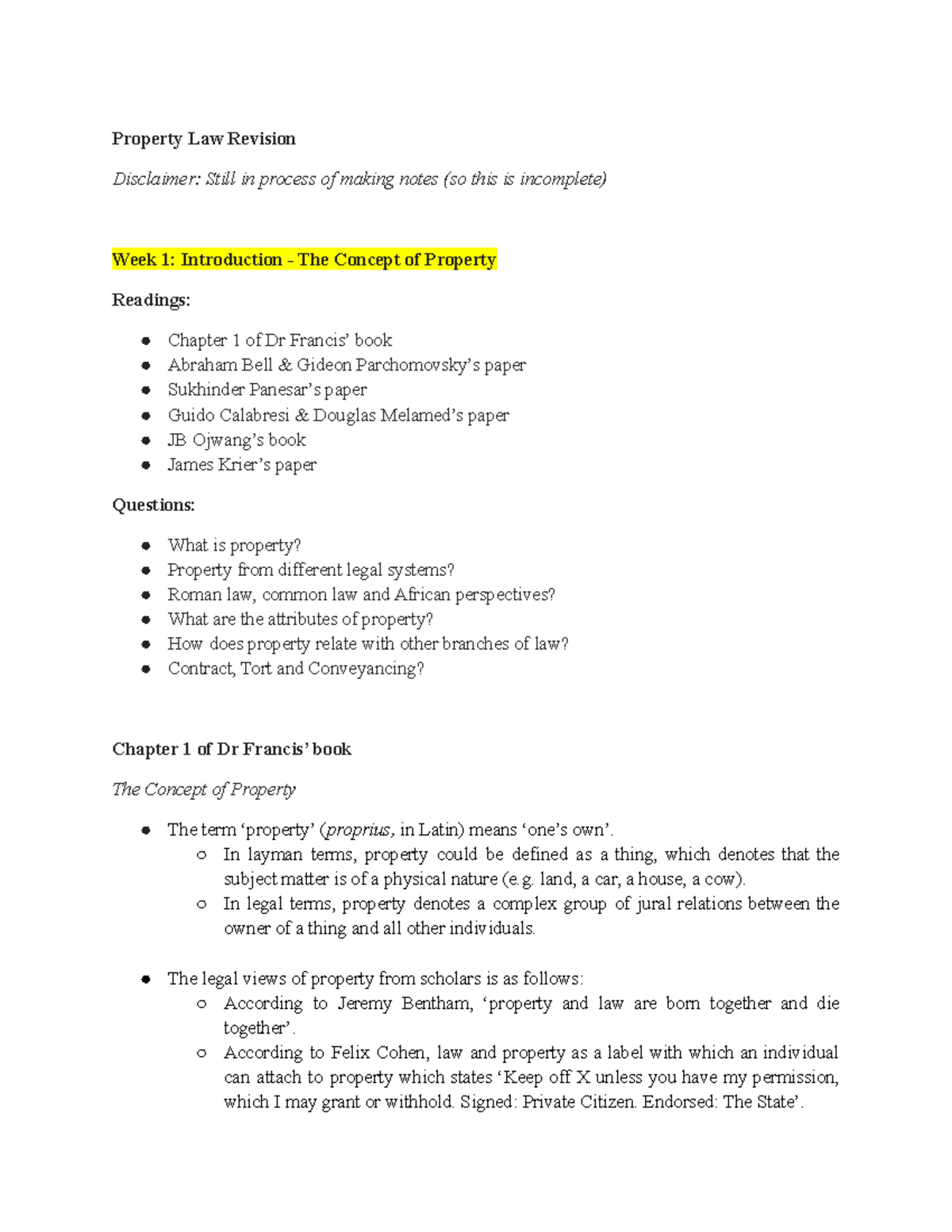 Property Law (revision) - Property Law Revision Disclaimer: Still in ...