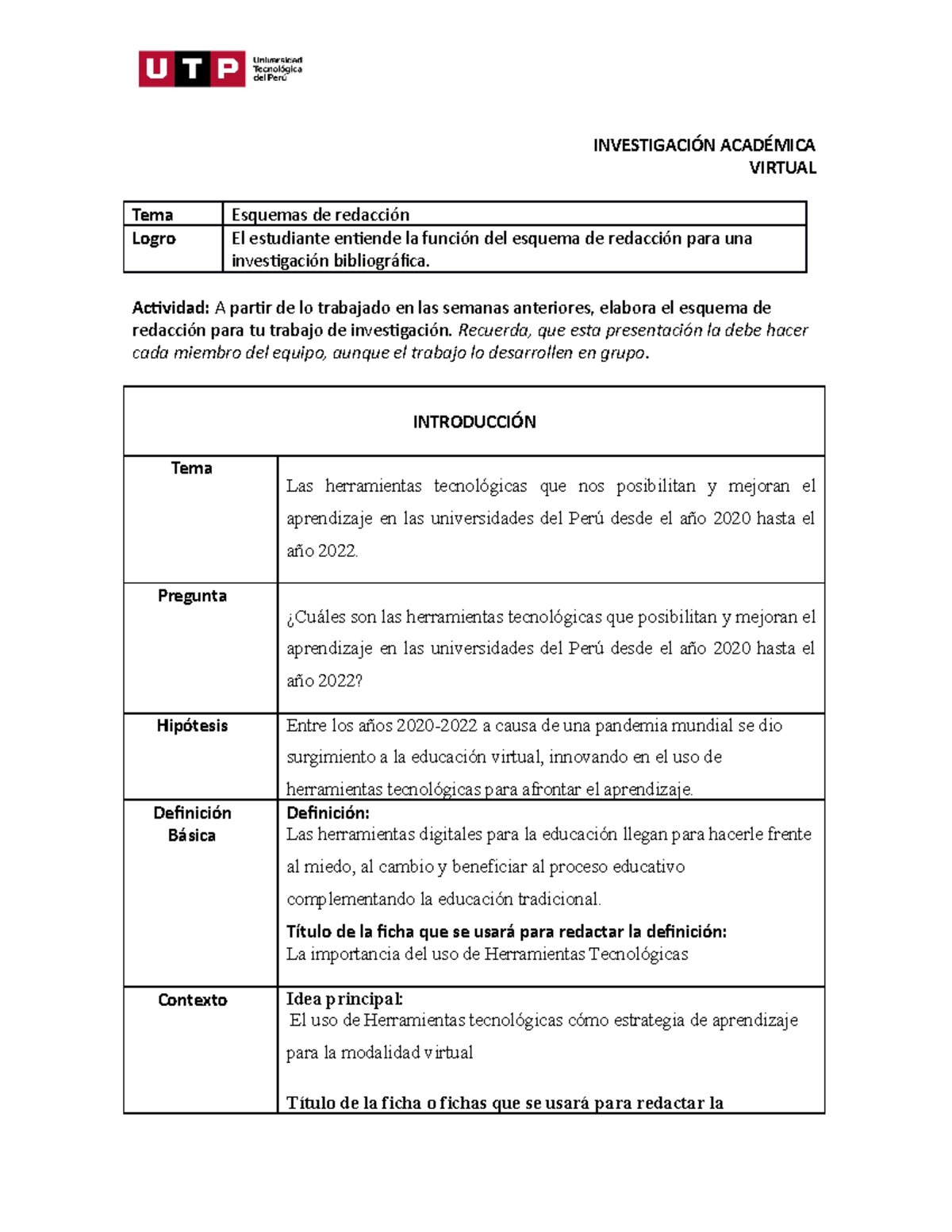 Semana 10 - Tarea borrador esquema de redacción-1 - INVESTIGACIÓN ACADÉMICA VIRTUAL Tema ...