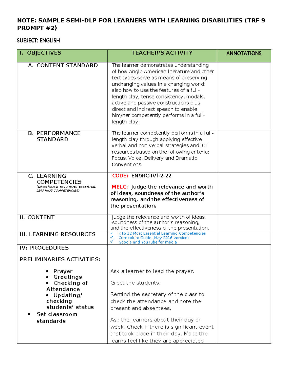 Sample Lesson Plan for Learners with Learning Disabilities (ENG I ...