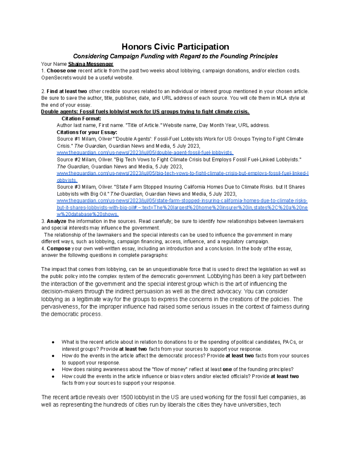 CIV-302 Essay Notes: Analyzing Lobbying and Campaign Donations - Studocu