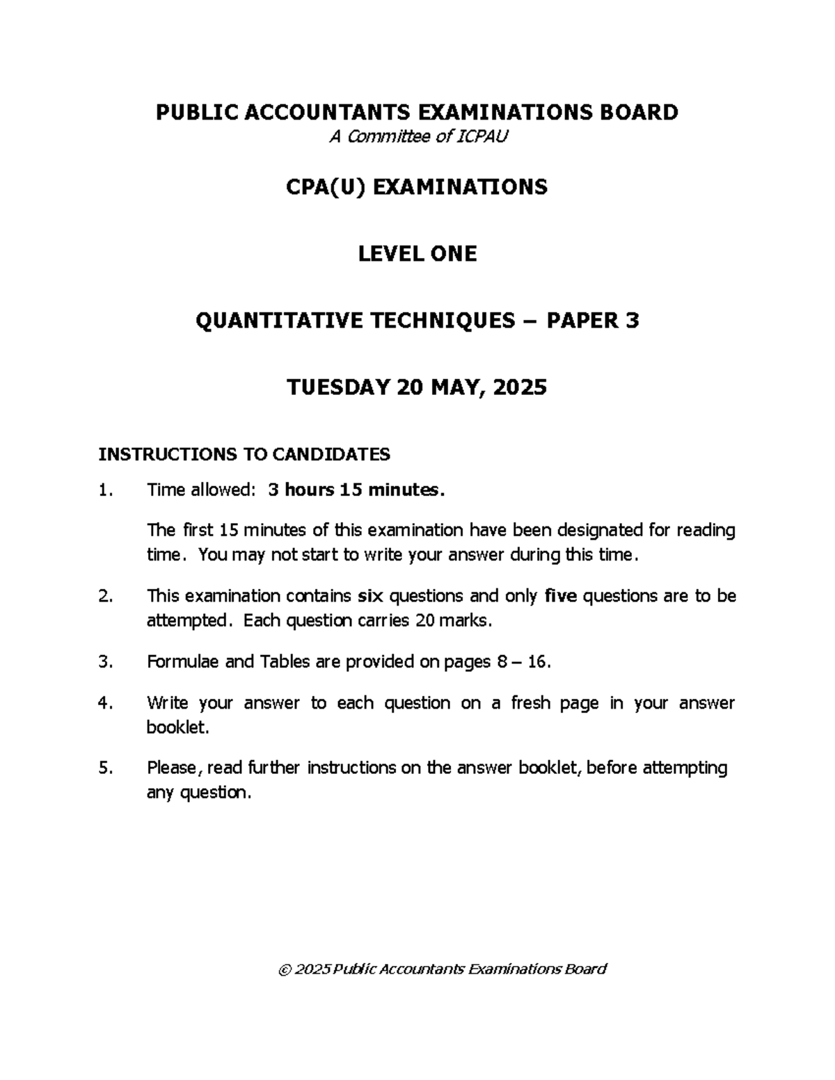CPA(U) Level 1 Quantitative Techniques Exam Paper 3 - May 2025 - Studocu