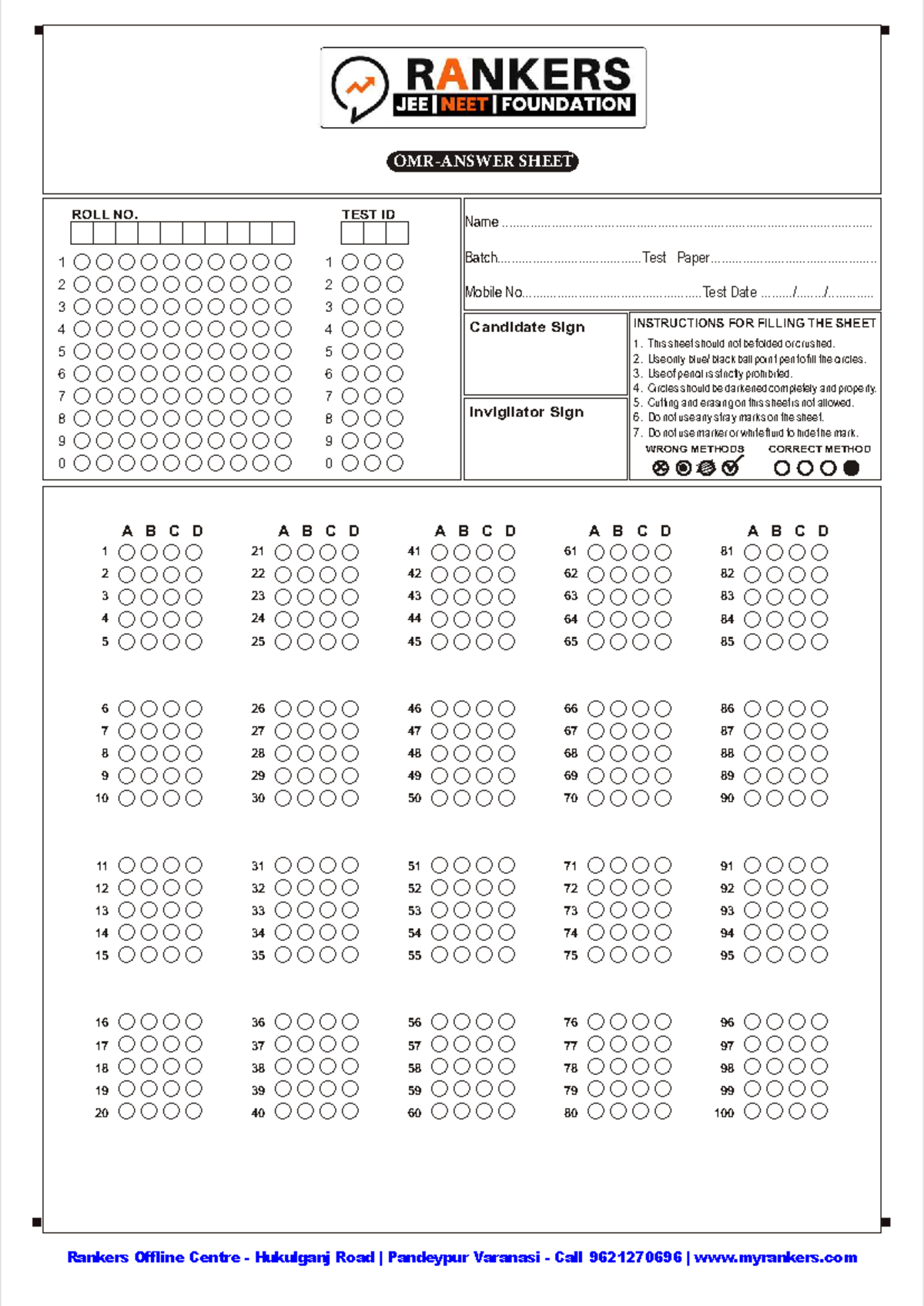 100 questions OMR sheet for test ID 1 - Studocu