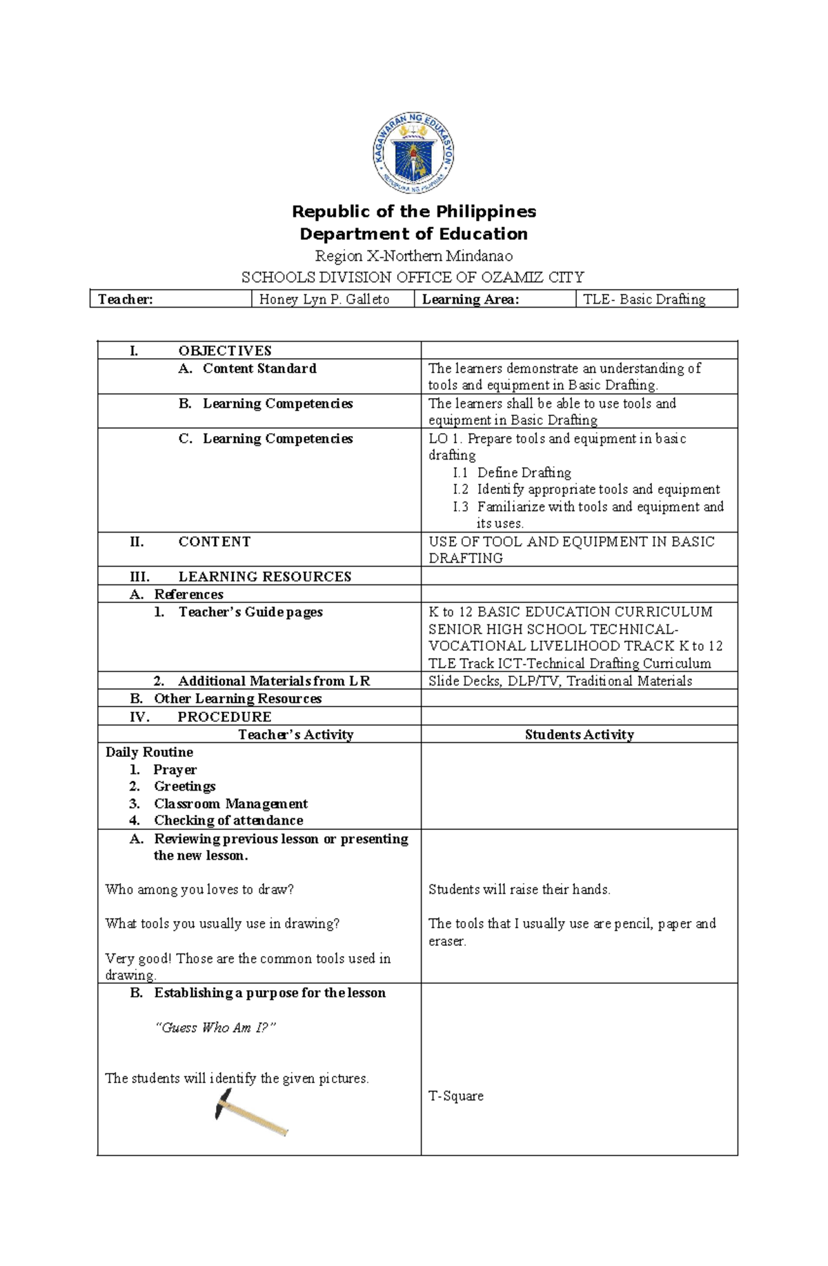 Final Lesson Plan: Basic Drafting Tools and Equipment - Studocu