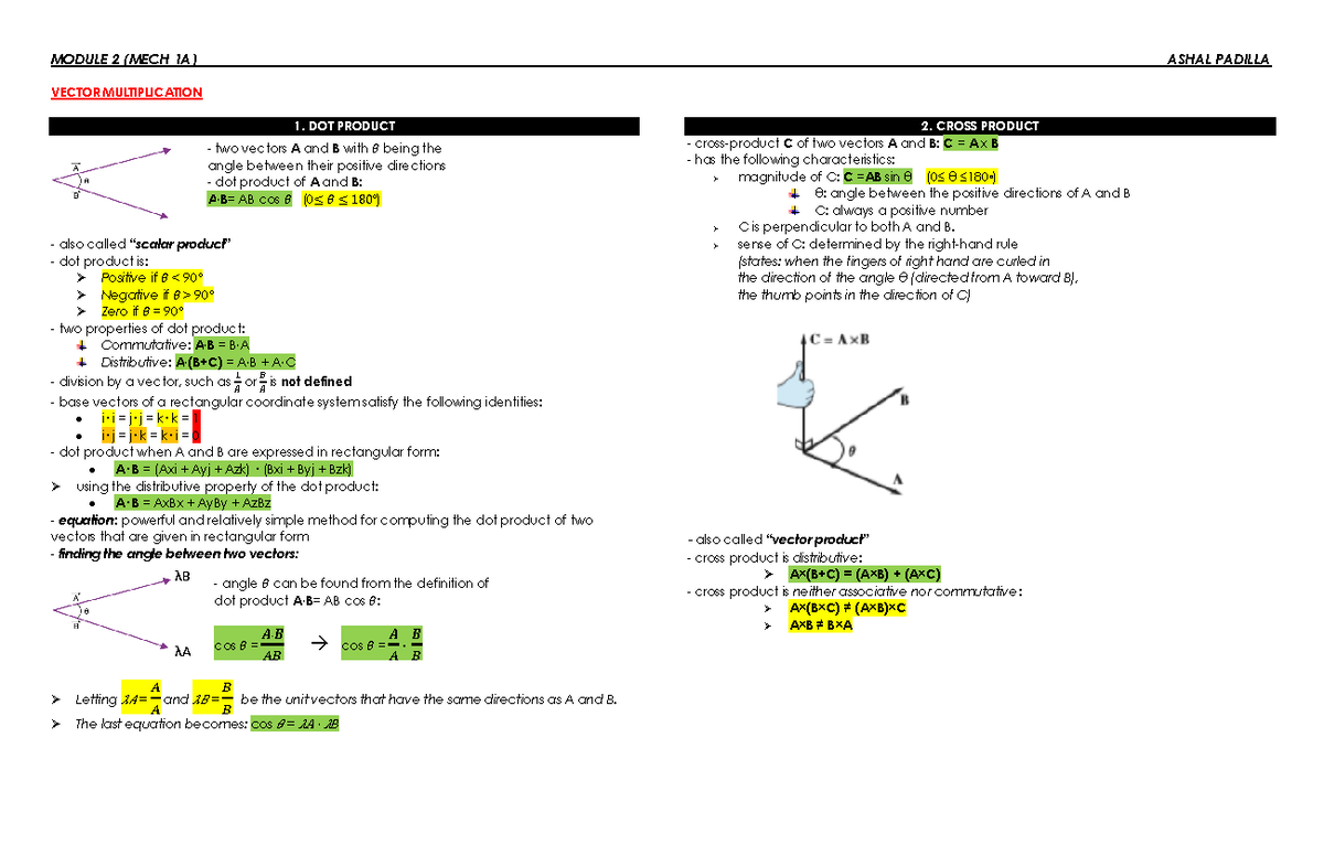 Vector- Multiplication - MODULE 2 (MECH 1A) ASHAL PADILLA VECTOR ...