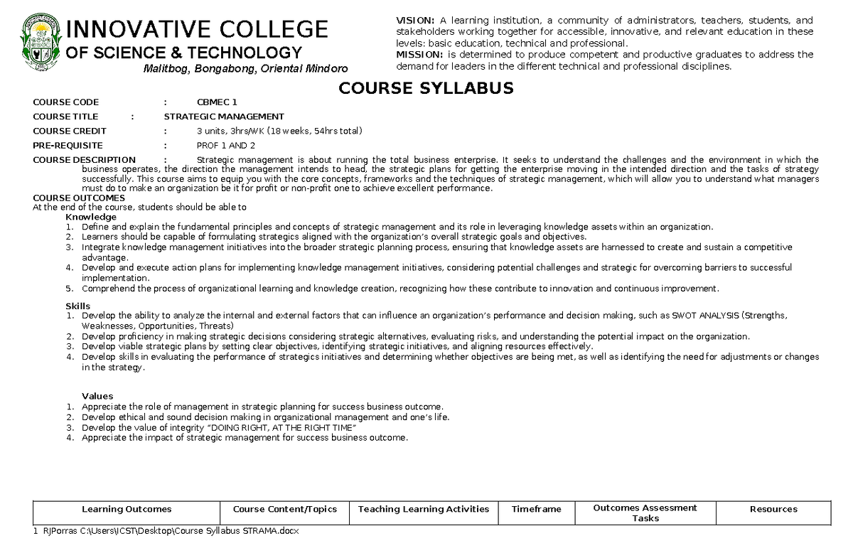 Course Syllabus Format Strama 1 - stakeholders working together for ...