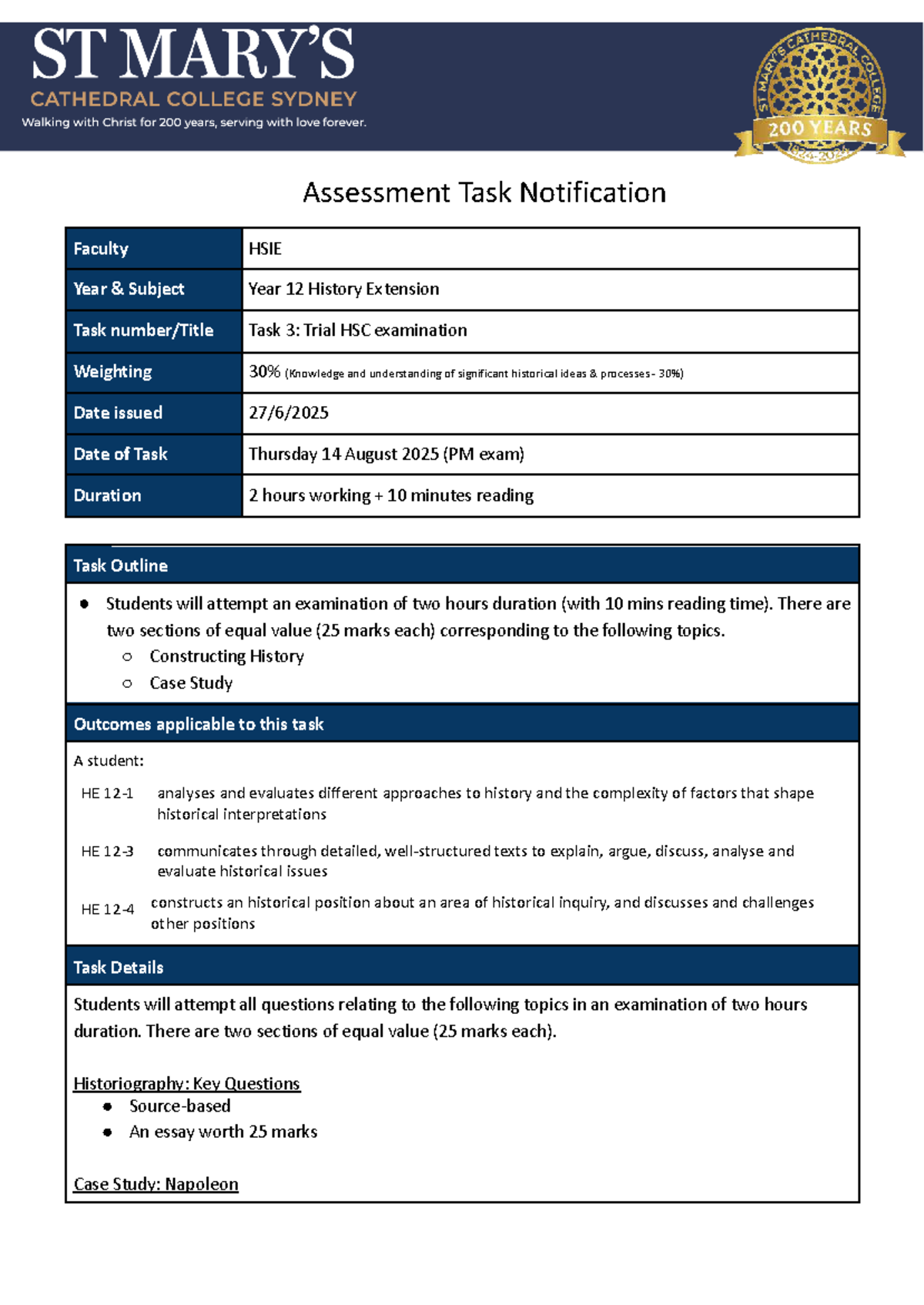 Year 12 History Extension Task 3: Trial HSC Exam Notification 2025 ...