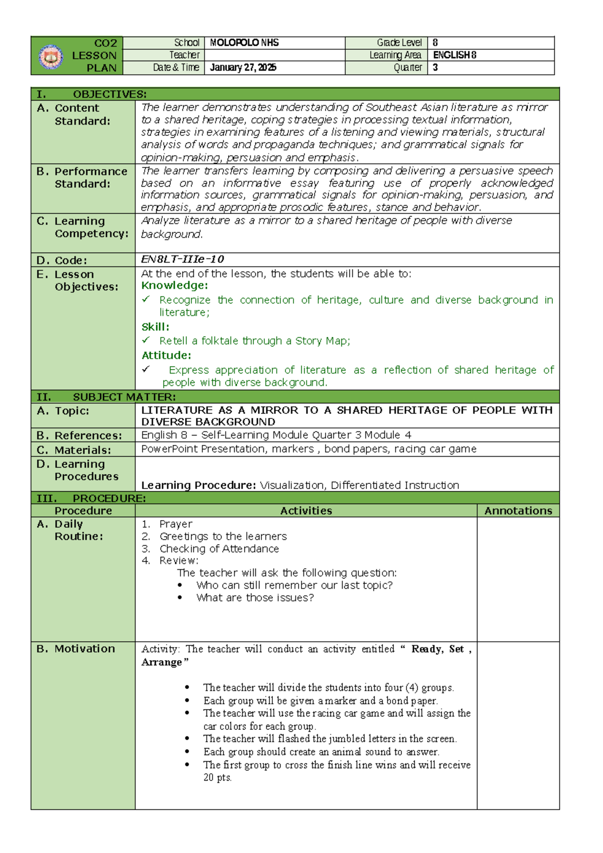 Literature-lesson-plan docx - CO 2 LESSON PLAN School MOLOPOLO NHS ...