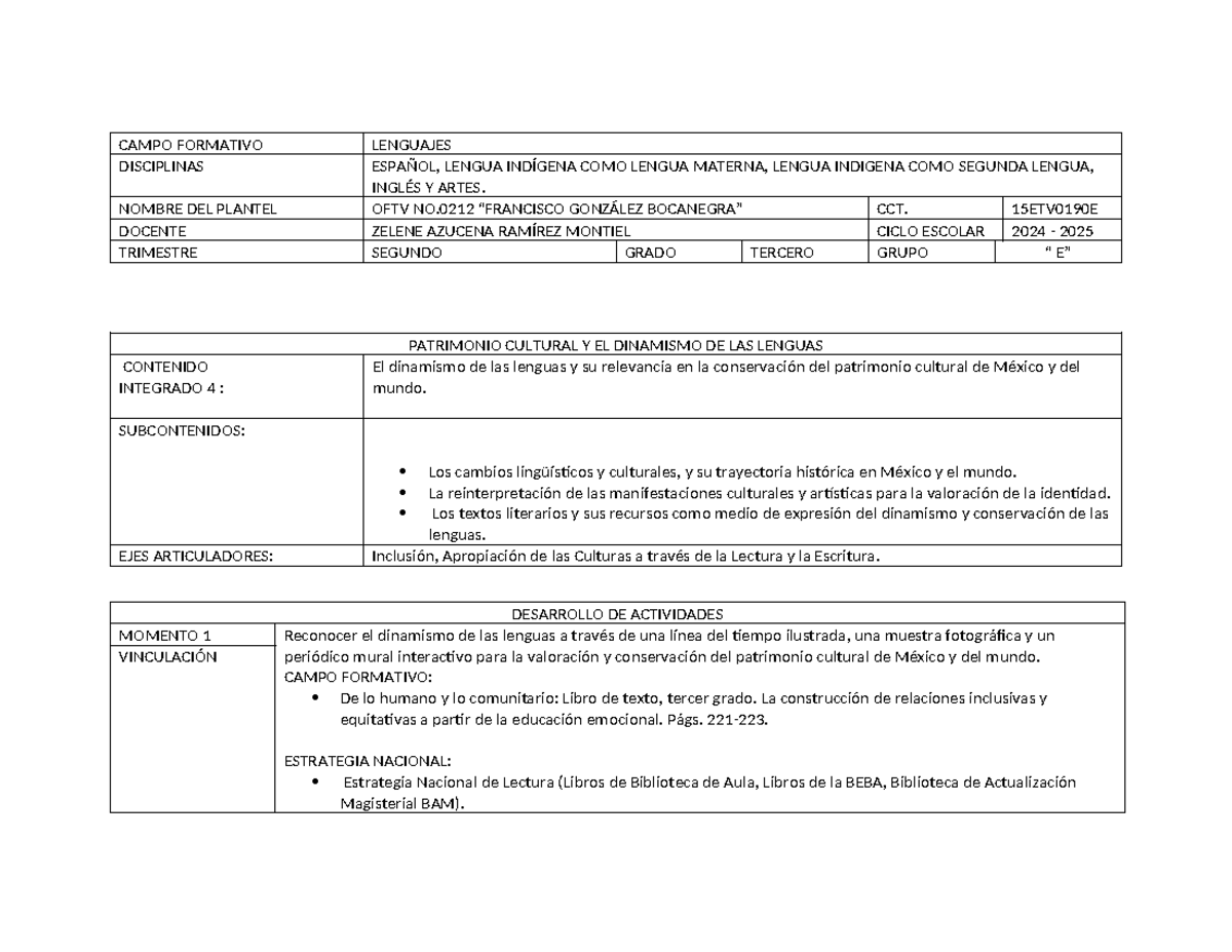 CAMPO FORMATIVO: Planificación de Lenguaje Tercer Grado - Patrimonio ...