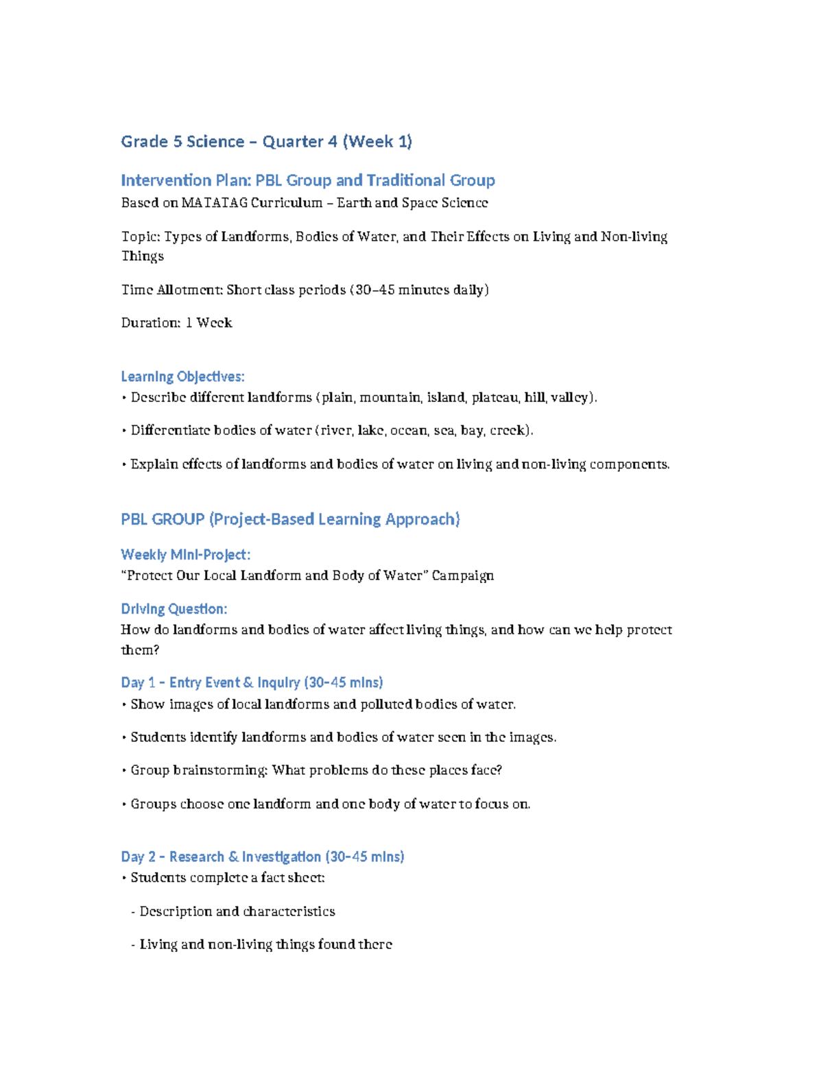 Grade 5 Science Q4 W1 Intervention Plan: PBL vs Traditional Methods ...