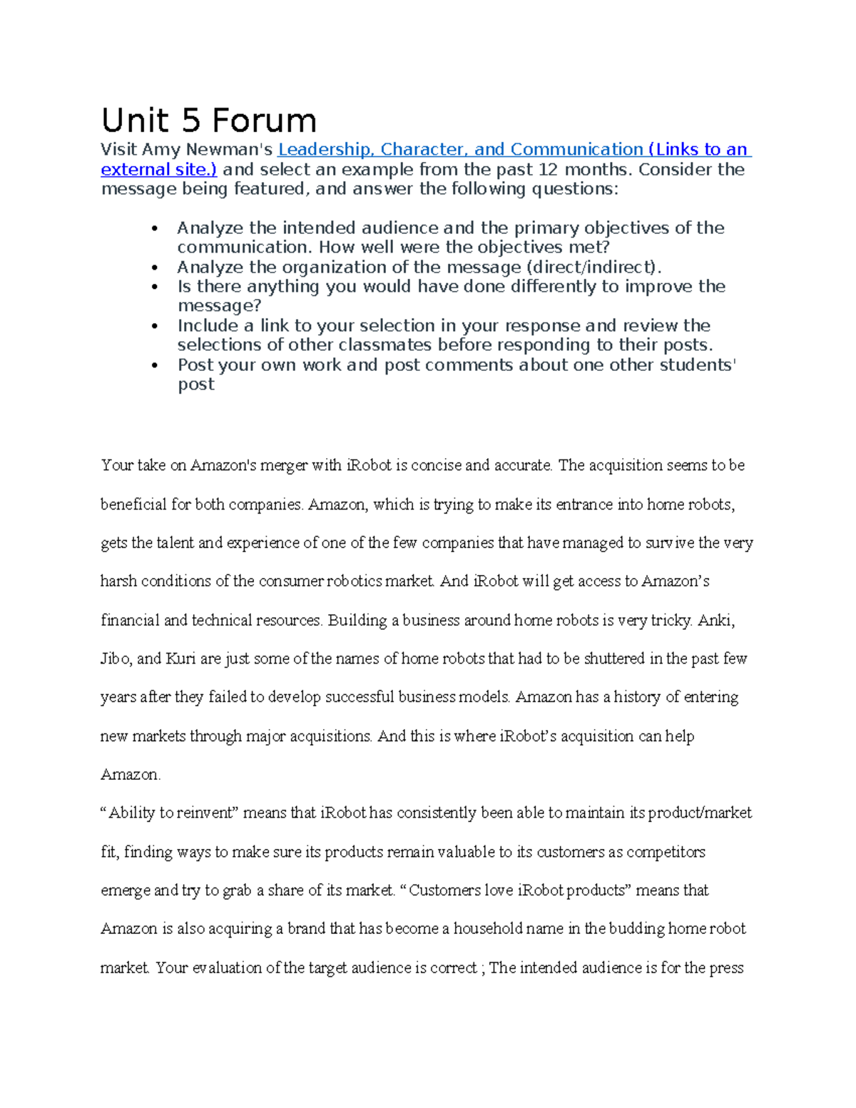 Unit 5 Forum Analysis: Amazon & iRobot Merger - A Grade 2 - Studocu