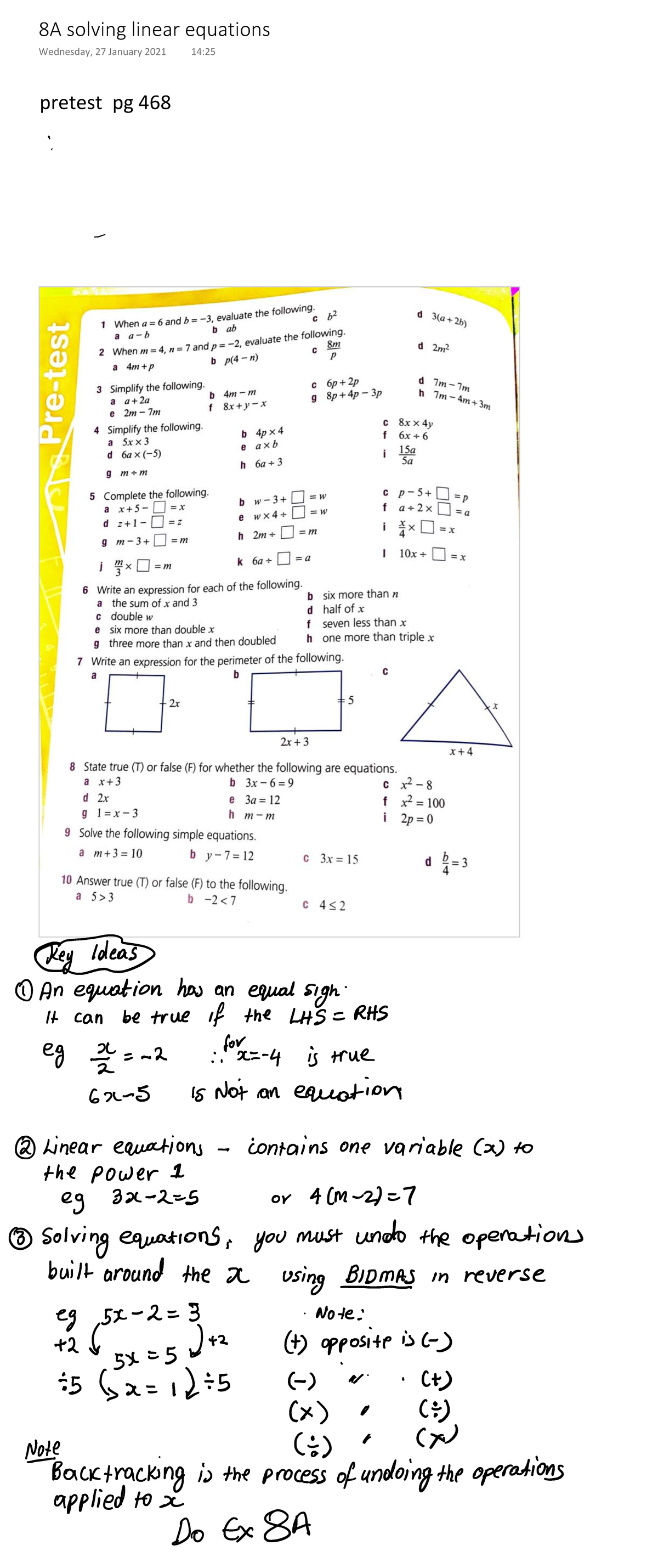 8A solving linear equations - pretest pg 468 8A solving linear ...