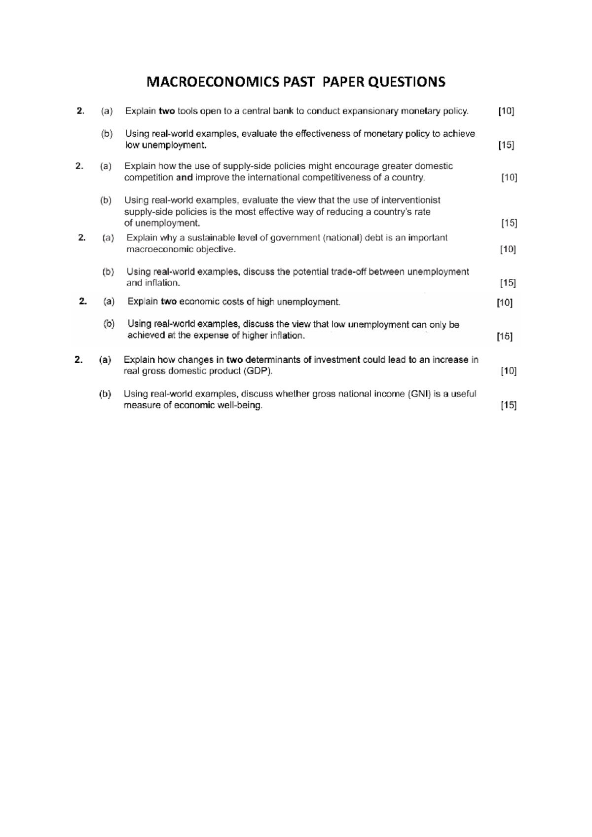 Macro PAST Paper Questions - Economics HL - MACROECONOMICS PAST PAPER ...