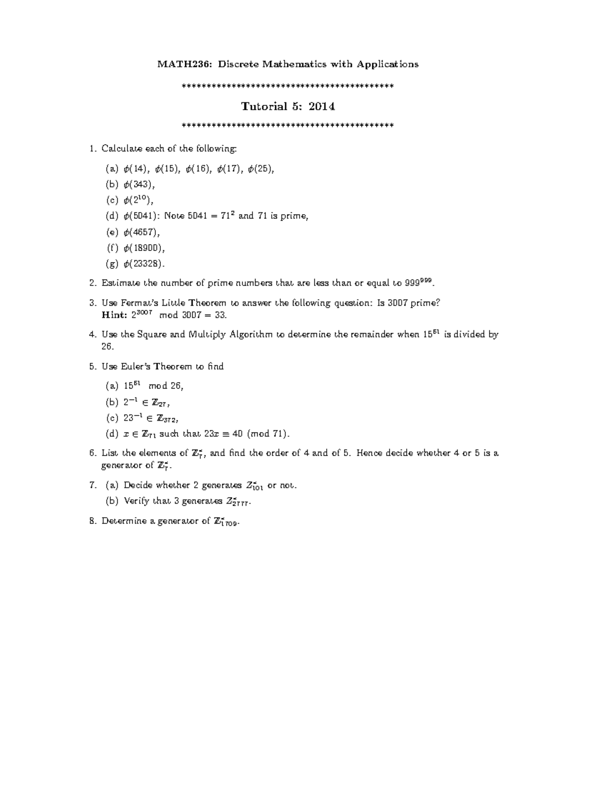 MATH236: Discrete Math Tutorial 5 - Calculations & Theorems - Studocu