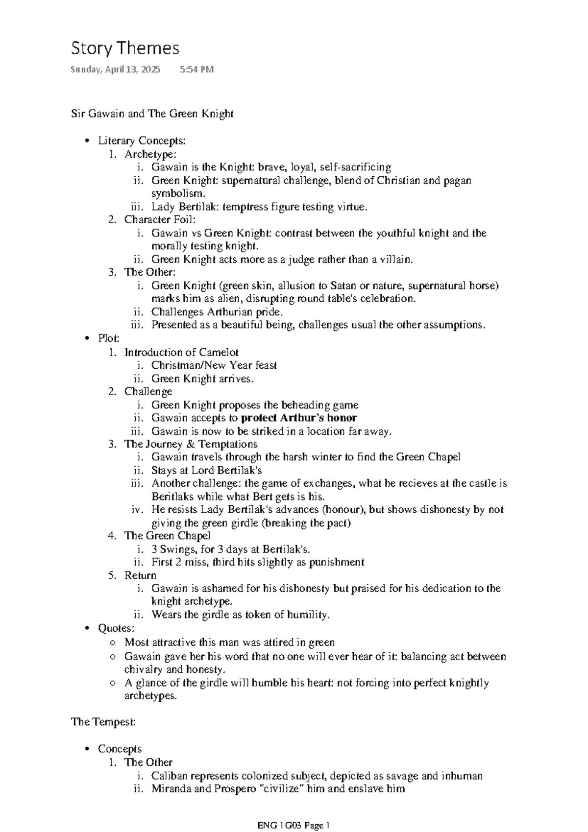 ENG 1G03 Story Themes for the Final Exam: Analysis of Key Literary ...
