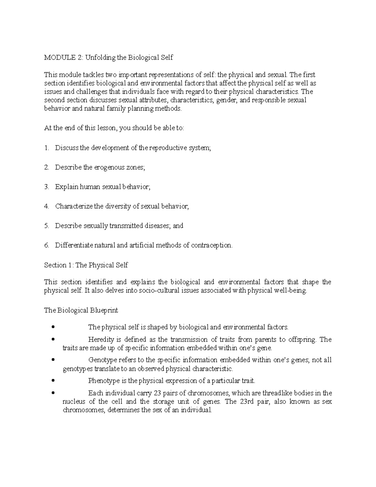 Module 2 Understanding the Self - MODULE 2: Unfolding the Biological ...