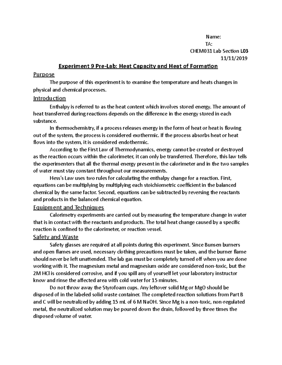 Lab 9 Pre-Lab Heat Capacity and Heat of Formation - Name: TA: CHEM031 ...