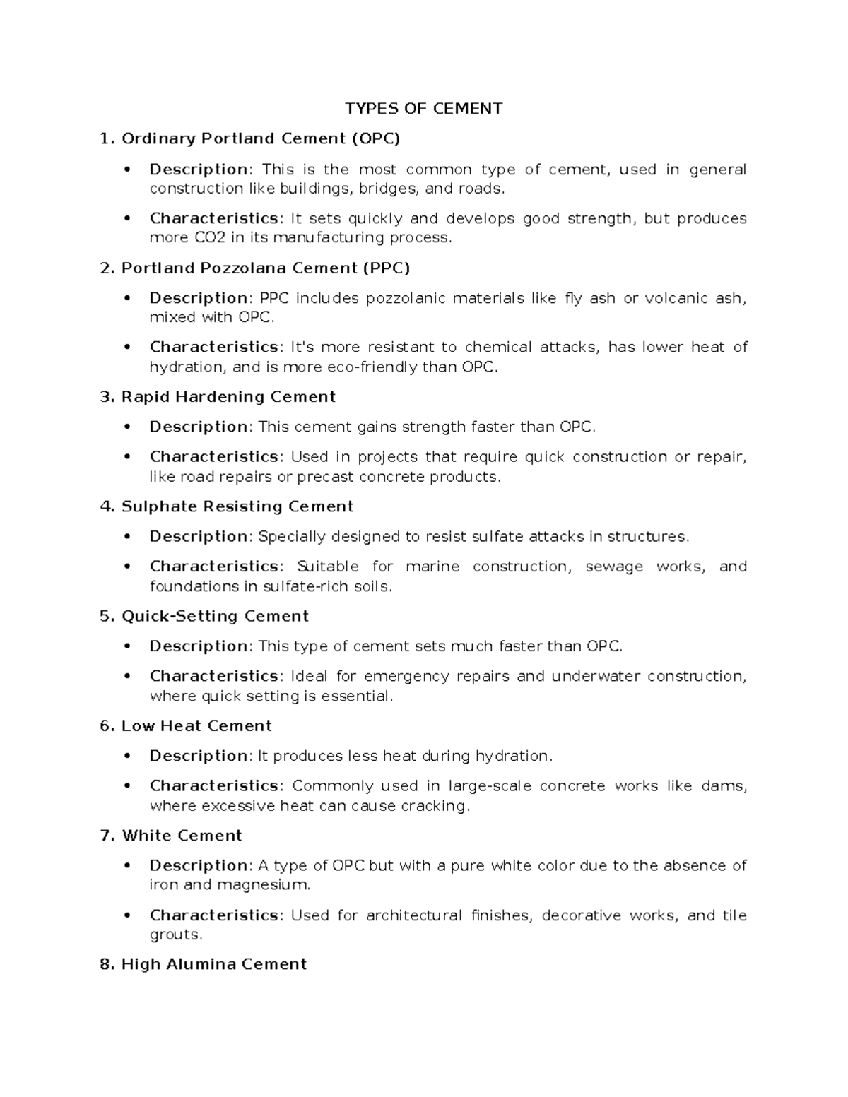 Types of Cement: Detailed Overview and Characteristics - Studocu