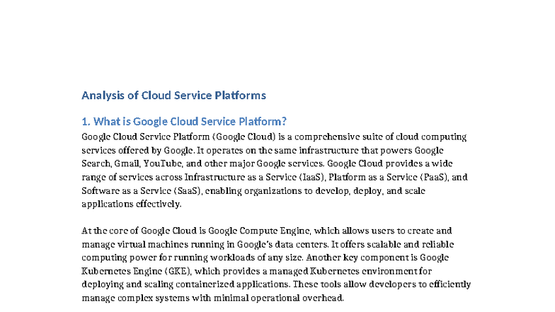 Cloud Service Platforms Analysis: Google Cloud & AWS Overview - Studocu
