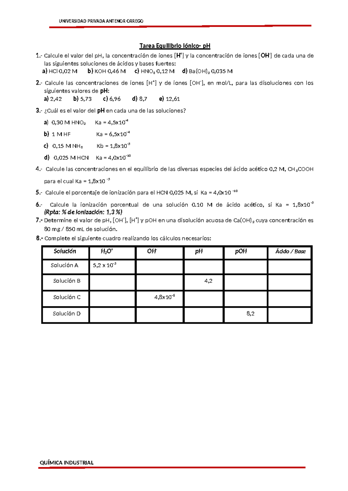 Tarea de Aula: Equilibrio Iónico en Soluciones Ácidas y Básicas ...