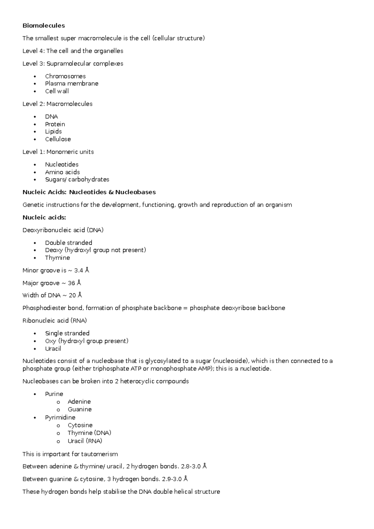 Revision Sheet: Biomolecules Overview for Level 4 (Biomolecular ...