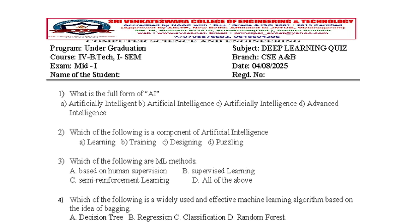 CSE IV-I Deep Learning Midterm Exam Quiz Questions - Studocu