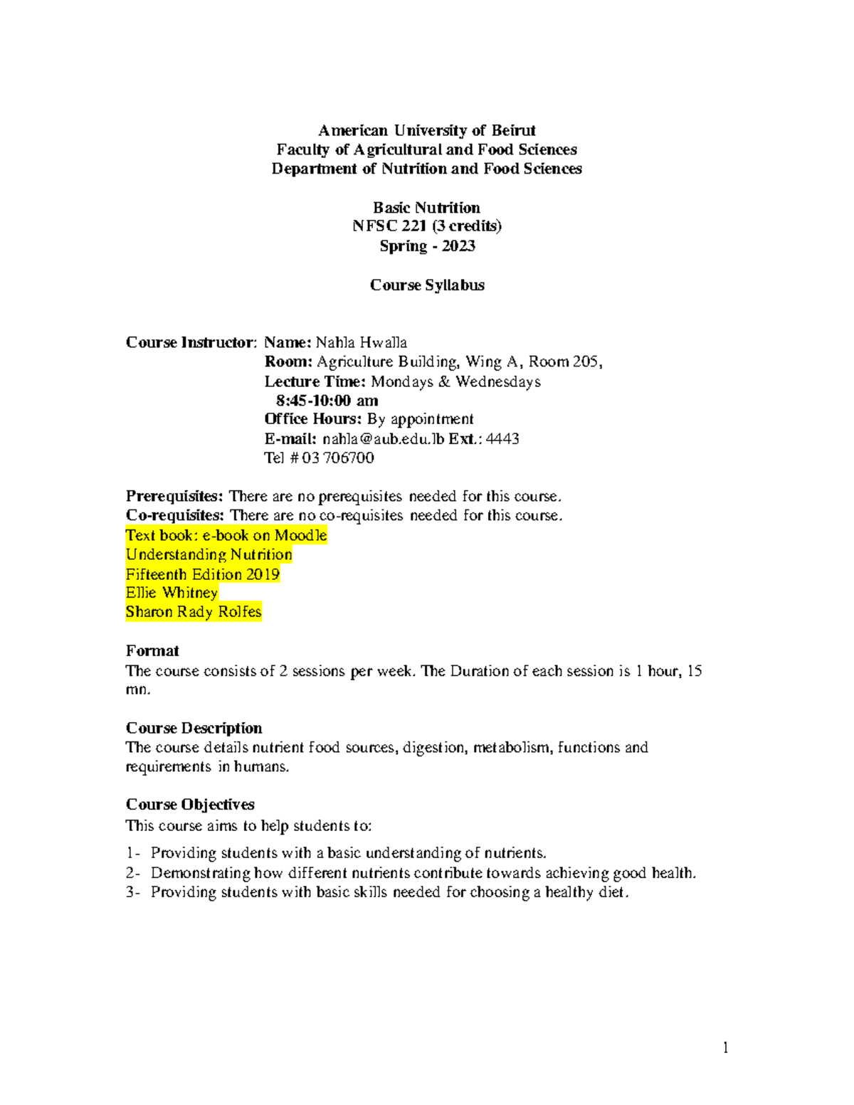 NSFC 221 - Basic Nutrition Course Syllabus for Spring 2023 - Studocu
