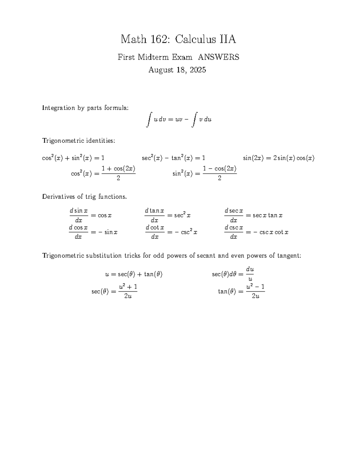 Math 162: Calculus IIA First Midterm Exam - Answers & Solutions - Studocu
