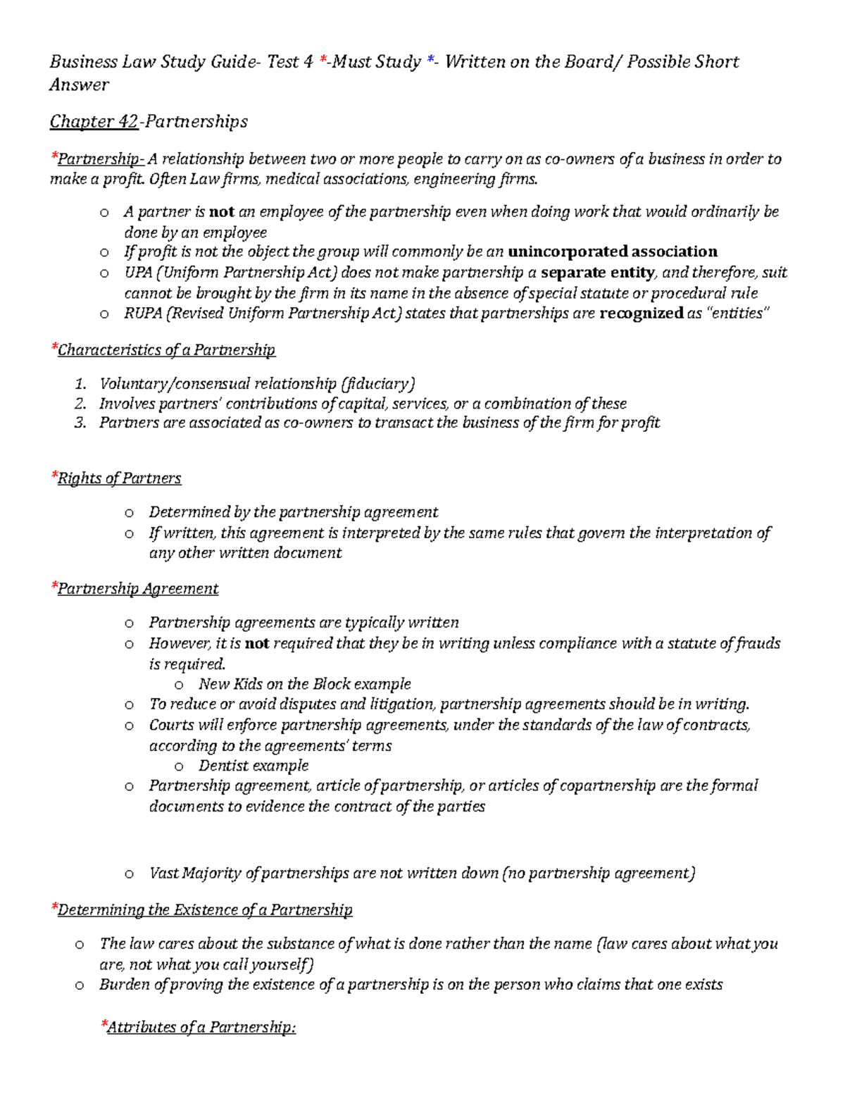 Business Law Study Guide: Test 4 – Partnerships and Corporations - Studocu