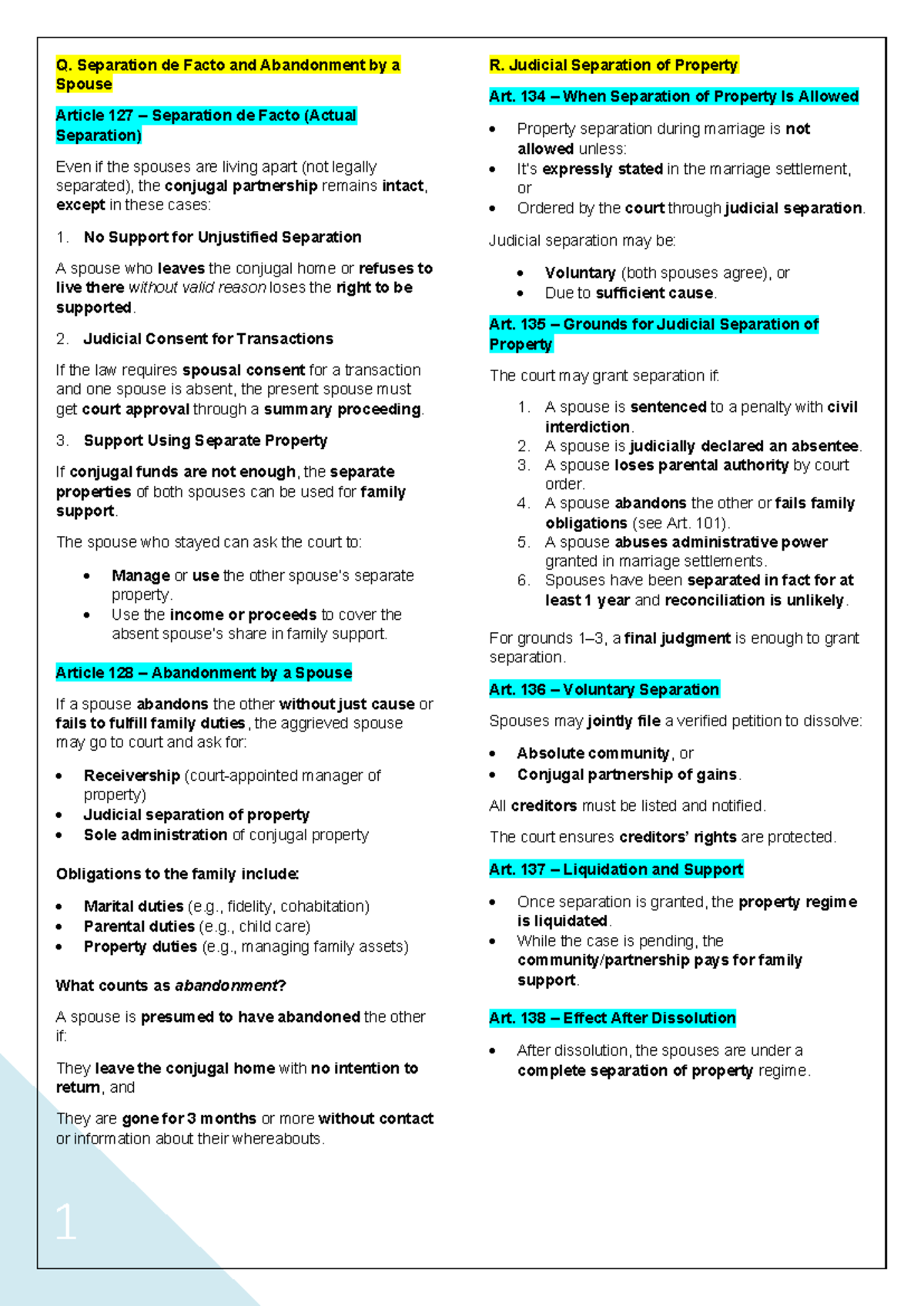Legal Separation: Separation de Facto and Abandonment of a Spouse - Studocu